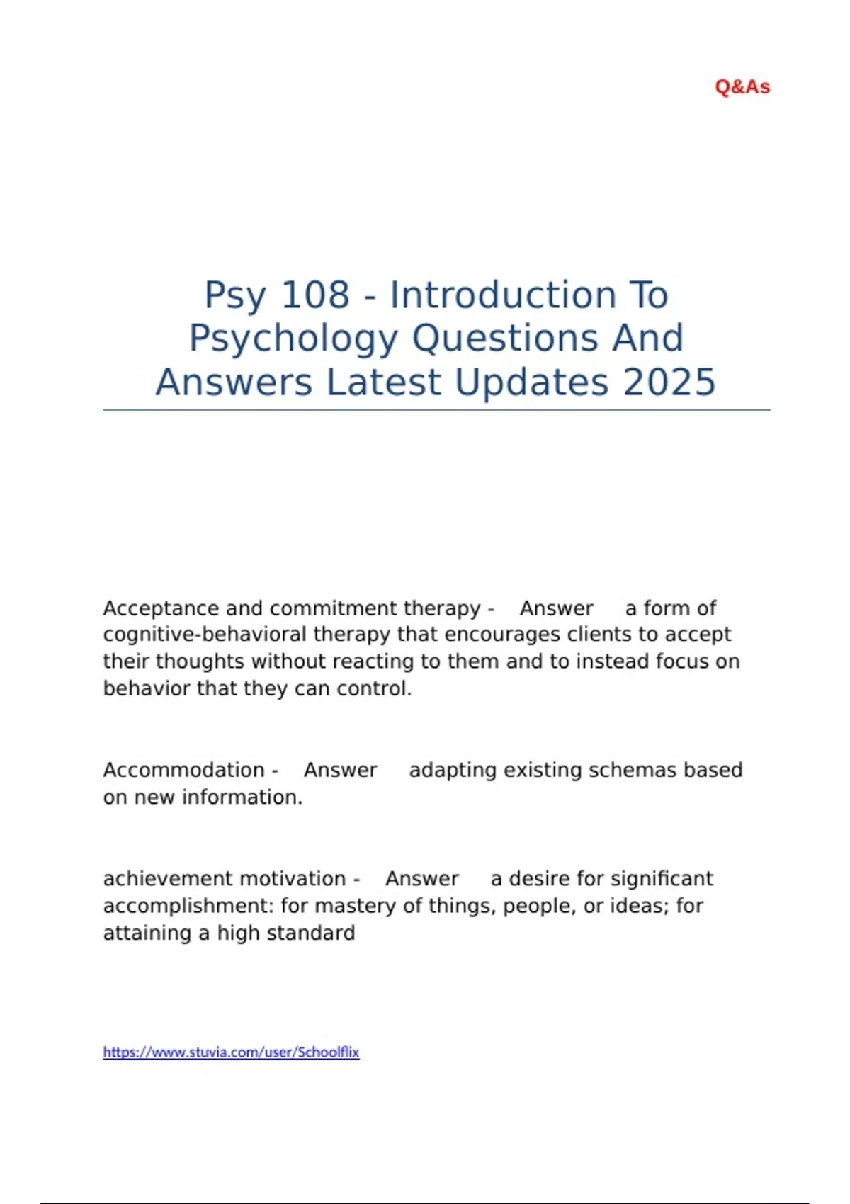 Psy 108 - Introduction To Psychology Questions And Answers Latest ...