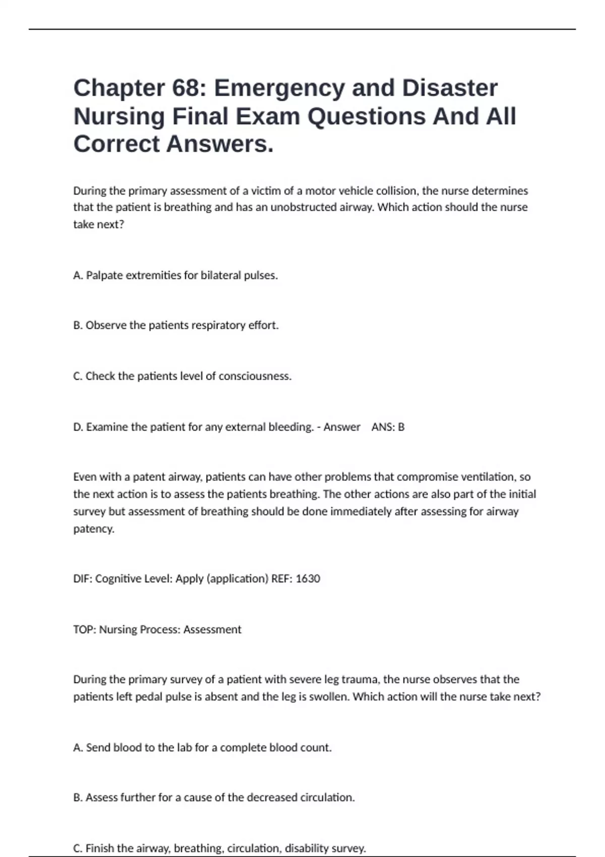 Chapter 68: Emergency and Disaster Nursing Final Exam Questions And All ...