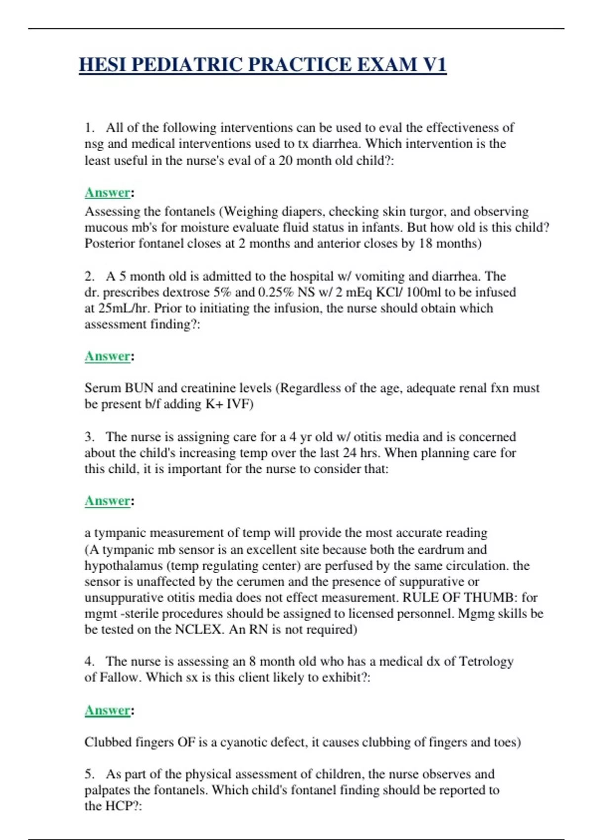 HESI PEDIATRIC PRACTICE EXAMS BUNDLE ( EXAM V1 - V4 ) ( UPDATED 2025 ...