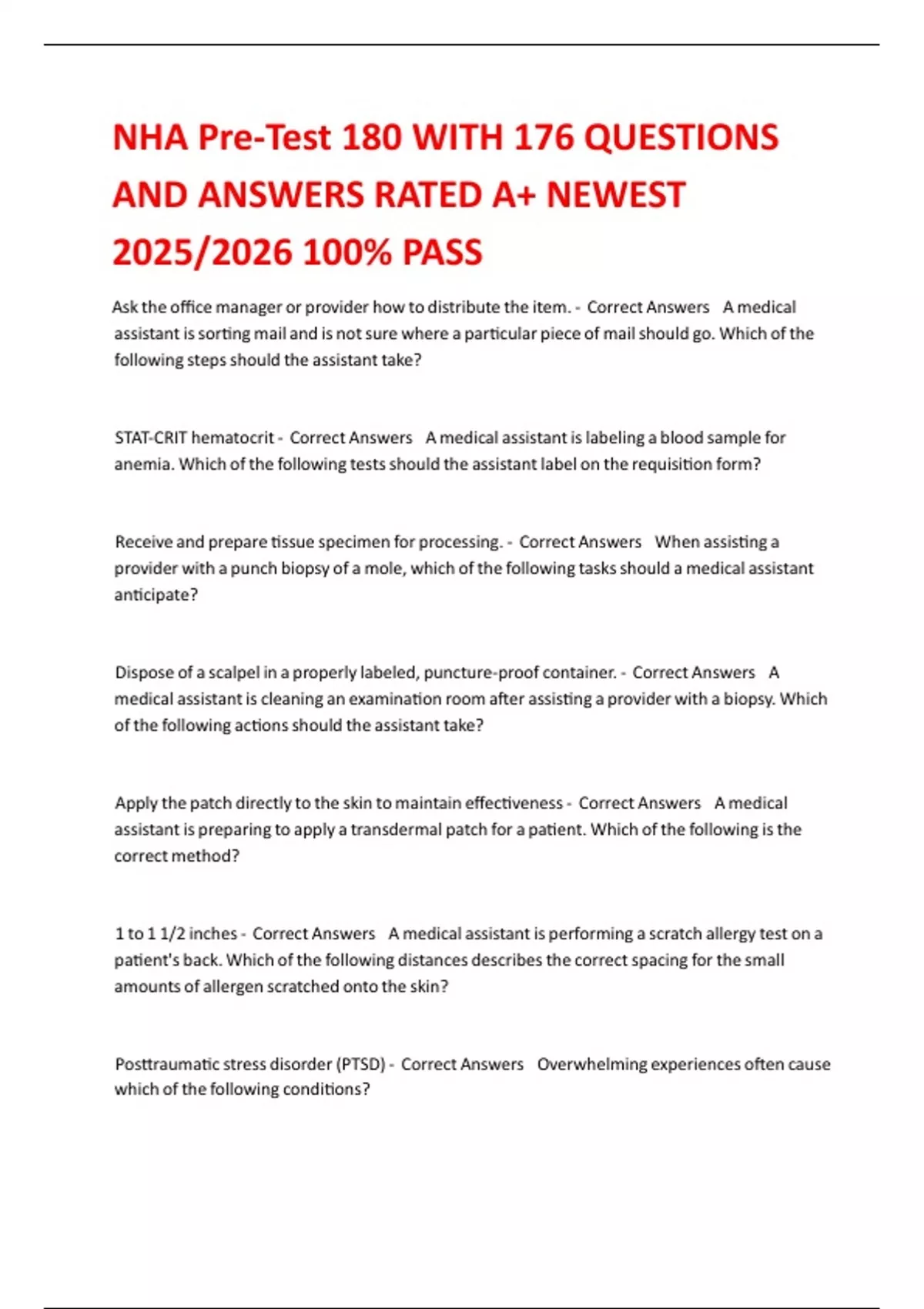 NHA Pre-Test 180 WITH 176 QUESTIONS AND ANSWERS RATED A+ NEWEST 2025/ ...