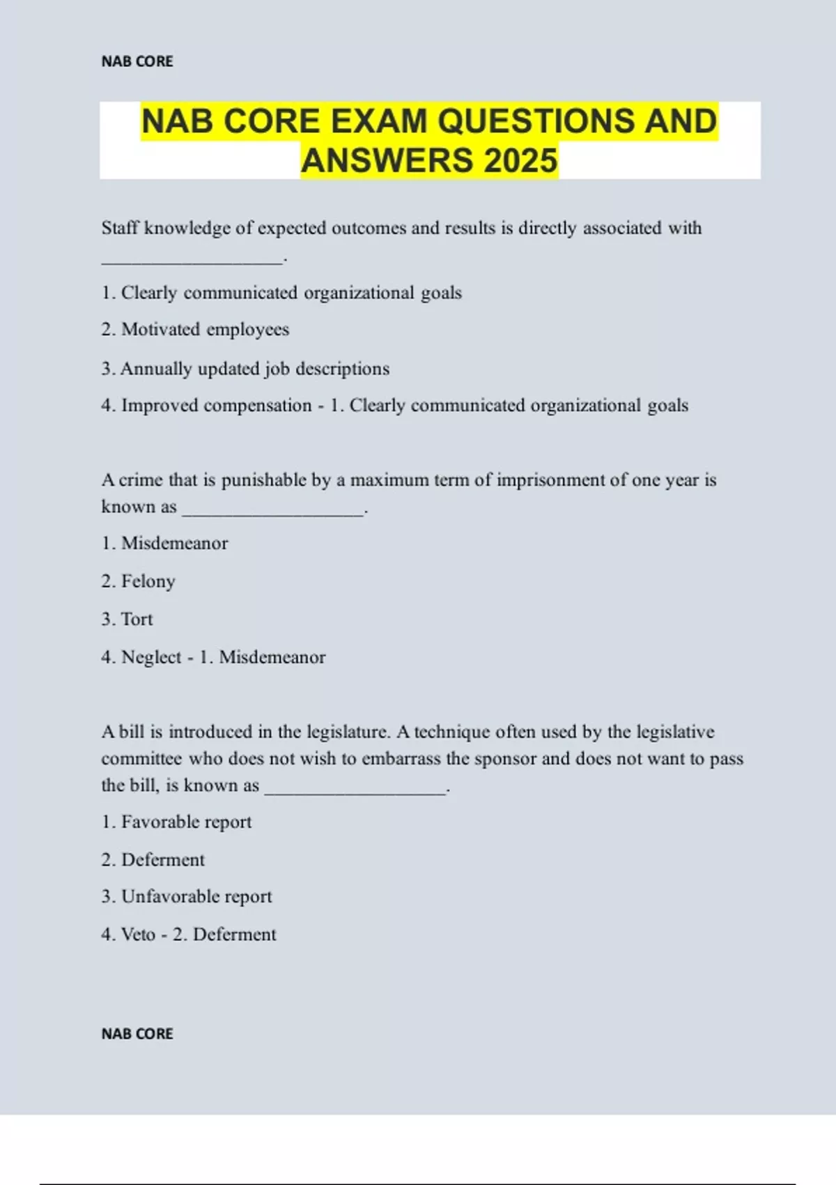 NAB CORE EXAM QUESTIONS AND ANSWERS 2025 - NAB CORE - Stuvia US