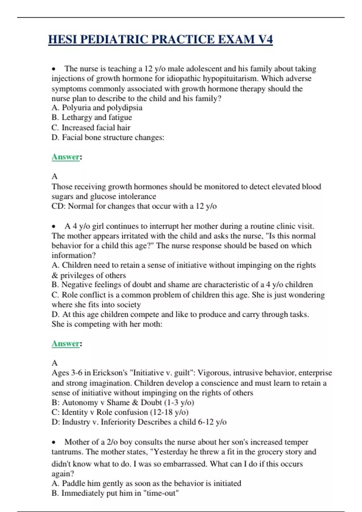 HESI PEDIATRIC PRACTICE EXAM V4 ( UPDATED 2025 ) | QUESTIONS WITH 100% ...