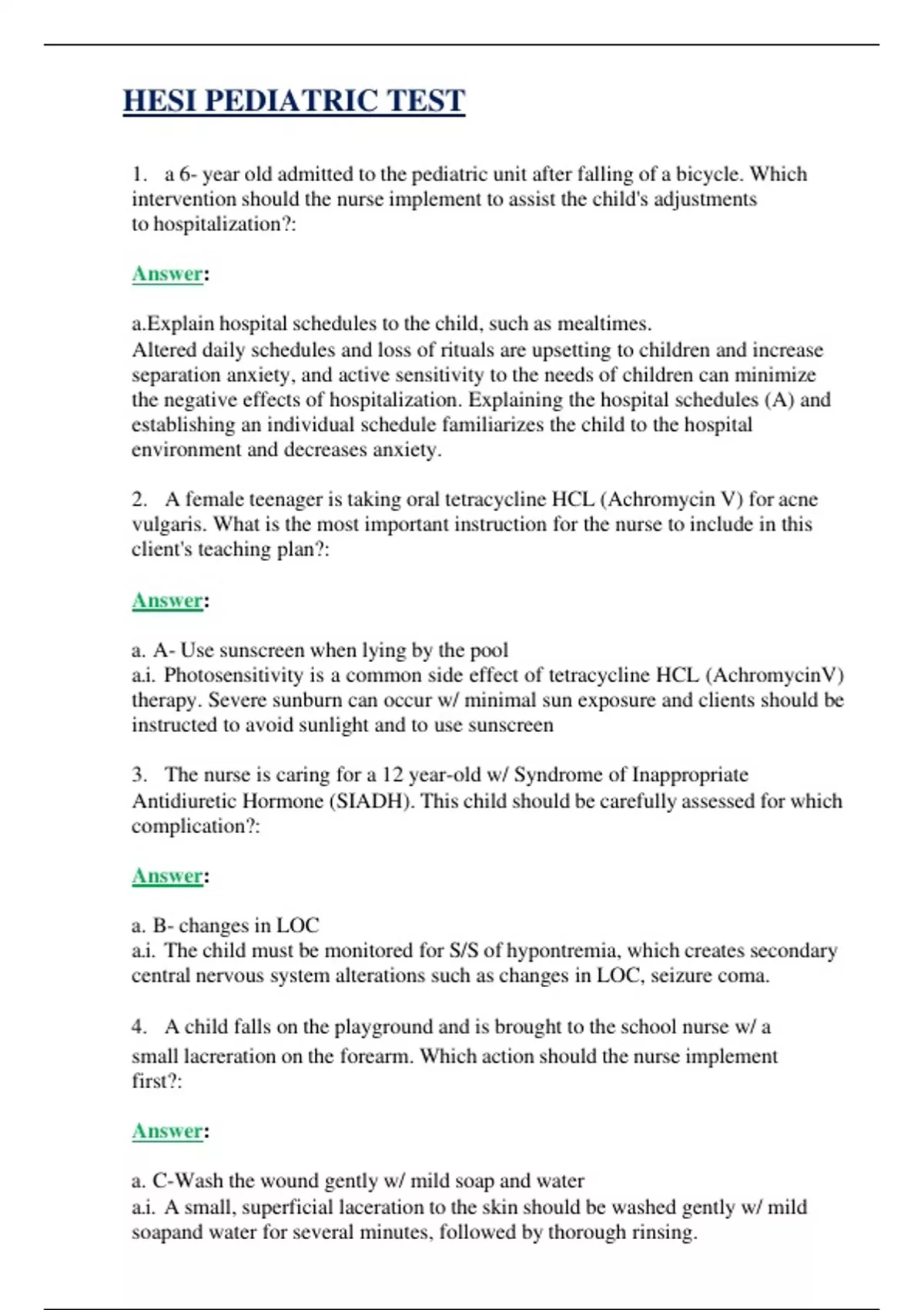 HESI PEDIATRIC TEST ( UPDATED 2025 ) | QUESTIONS WITH 100% VERIFIED ...
