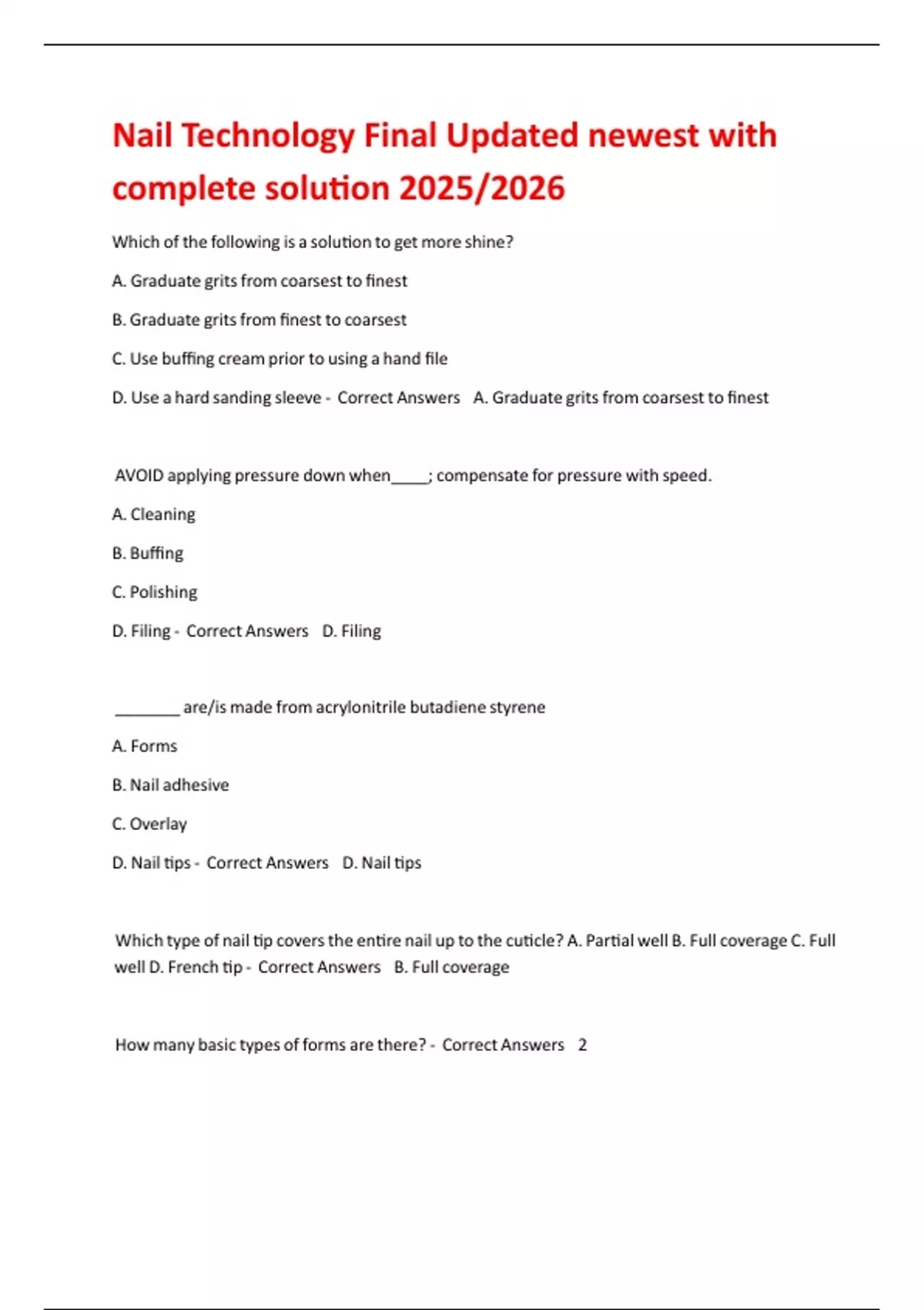 Nail Technology Final Updated newest with complete solution 2025/2026 ...