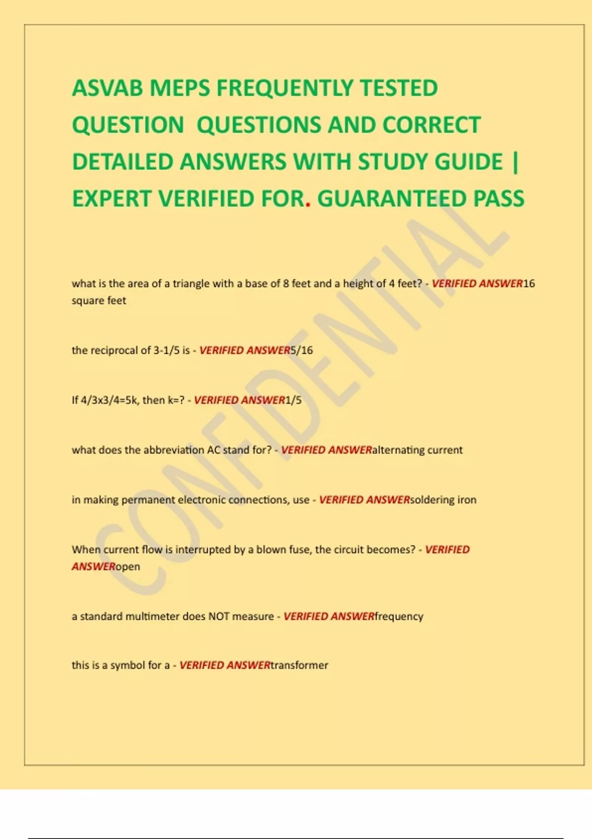 ASVAB MEPS FREQUENTLY TESTED QUESTION QUESTIONS AND CORRECT DETAILED ...
