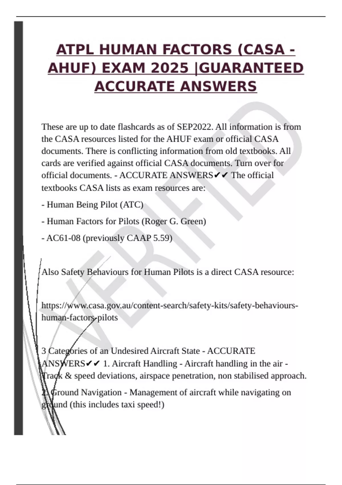 ATPL HUMAN FACTORS (CASA - AHUF) EXAM 2025 |GUARANTEED ACCURATE ANSWERS ...