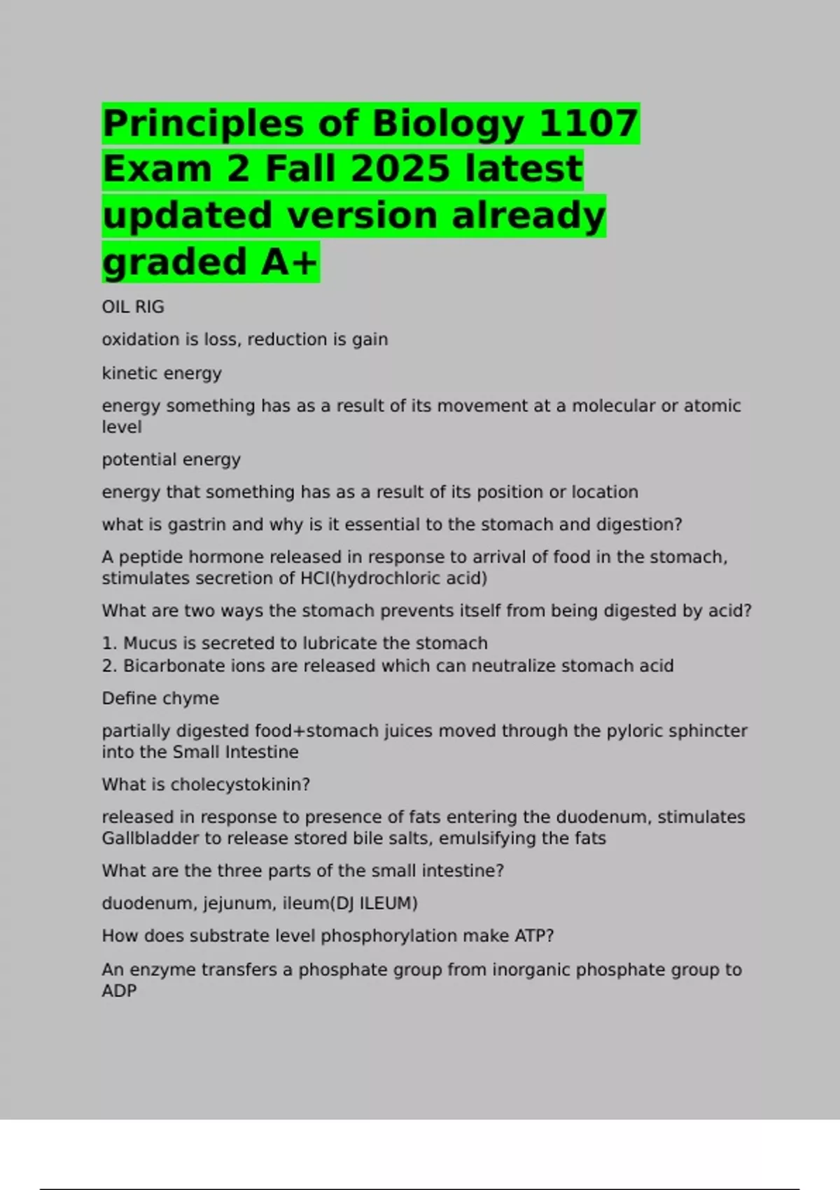 Principles of Biology 1107 Exam 2 Fall 2025 latest updated version ...