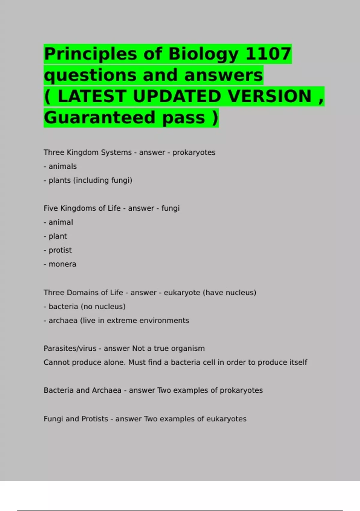 Principles of Biology 1107 questions and answers ( LATEST UPDATED ...