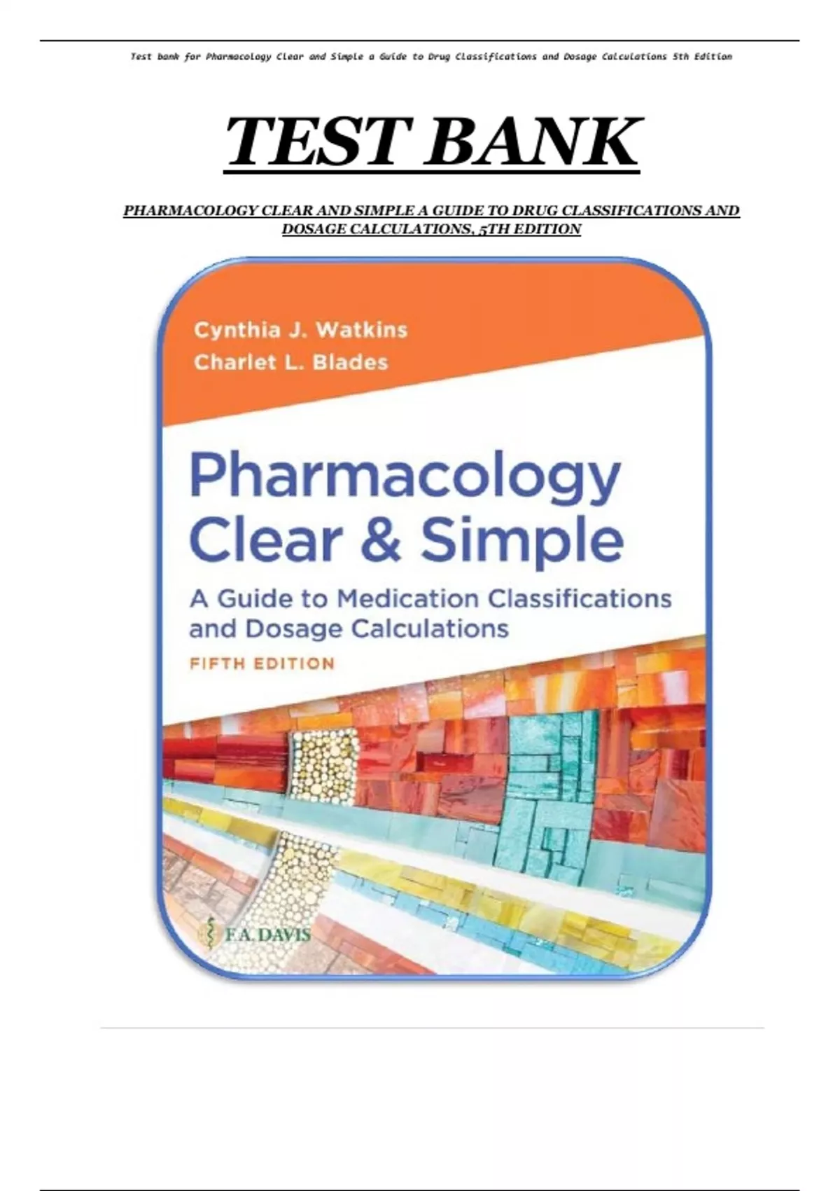 Test bank for Pharmacology Clear and Simple a Guide to Drug ...