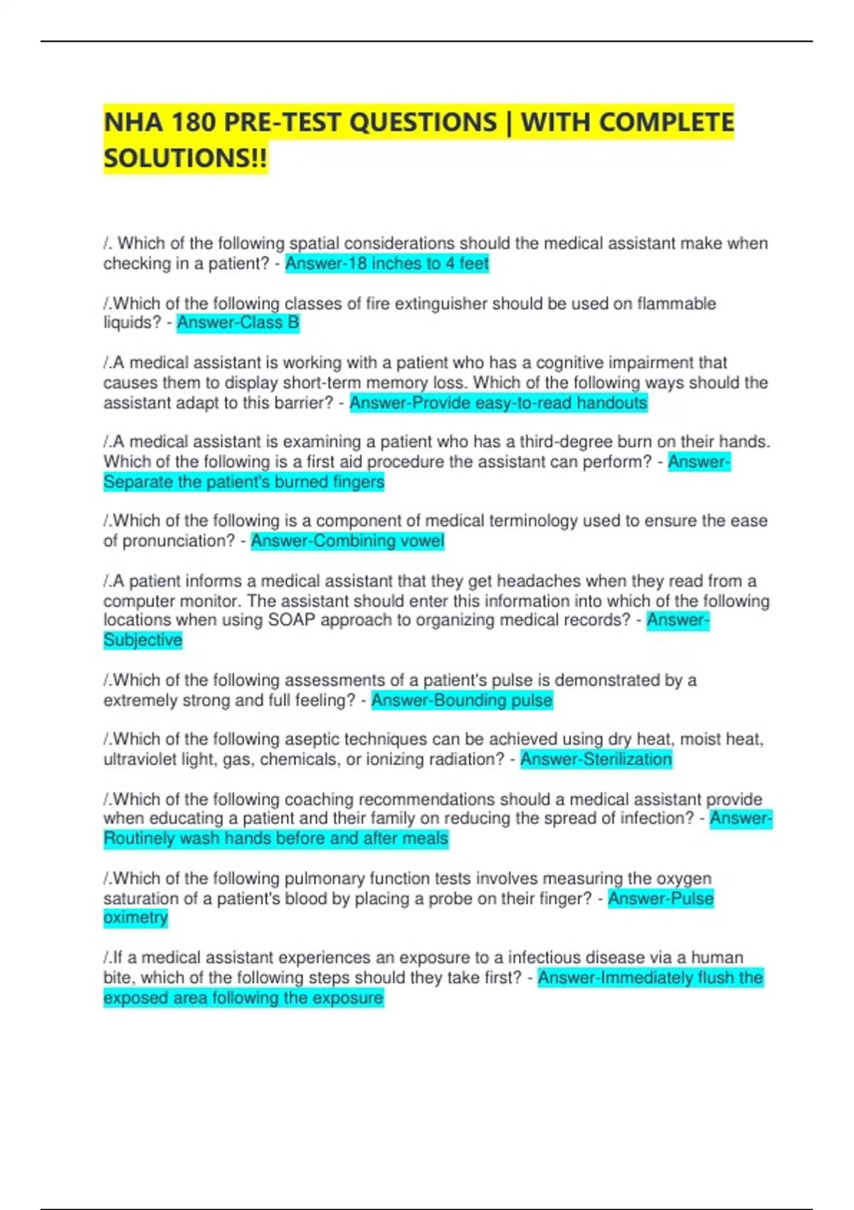 NHA 180 PRE-TEST QUESTIONS | WITH COMPLETE SOLUTIONS!! - NHA 180 ...