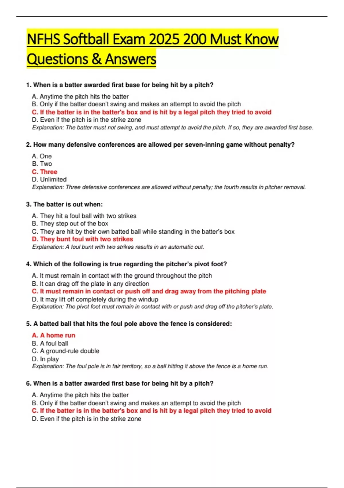 NFHS Softball Exam 2025 200 Must Know Questions & Answers - NFHS ...