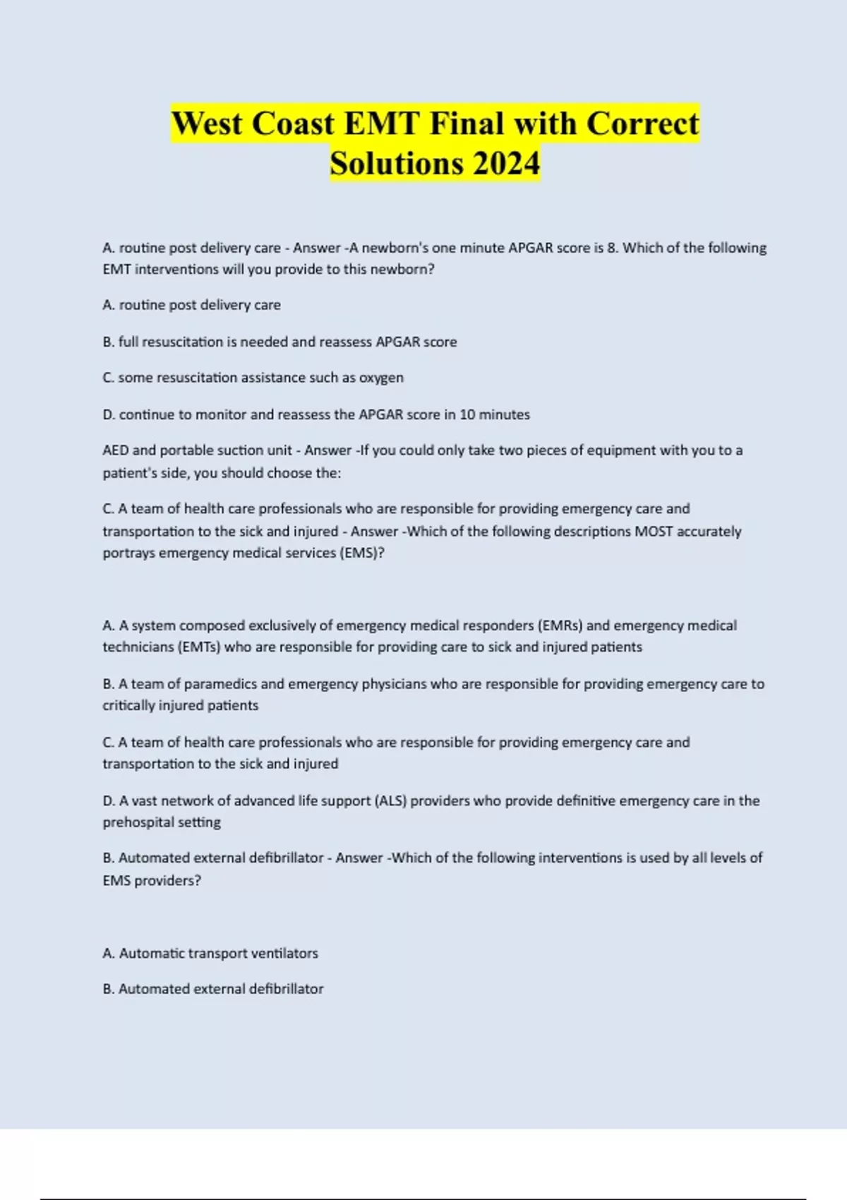 West Coast EMT Final with Correct Solutions 2024/2025 - West coast Emt ...