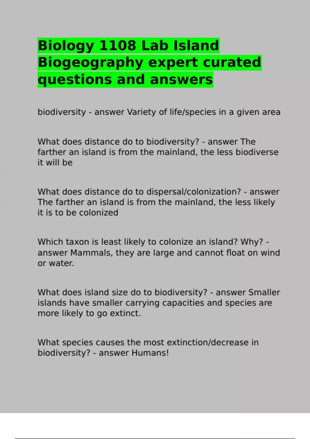 Biology 1108 Lab Island Biogeography expert curated questions and ...
