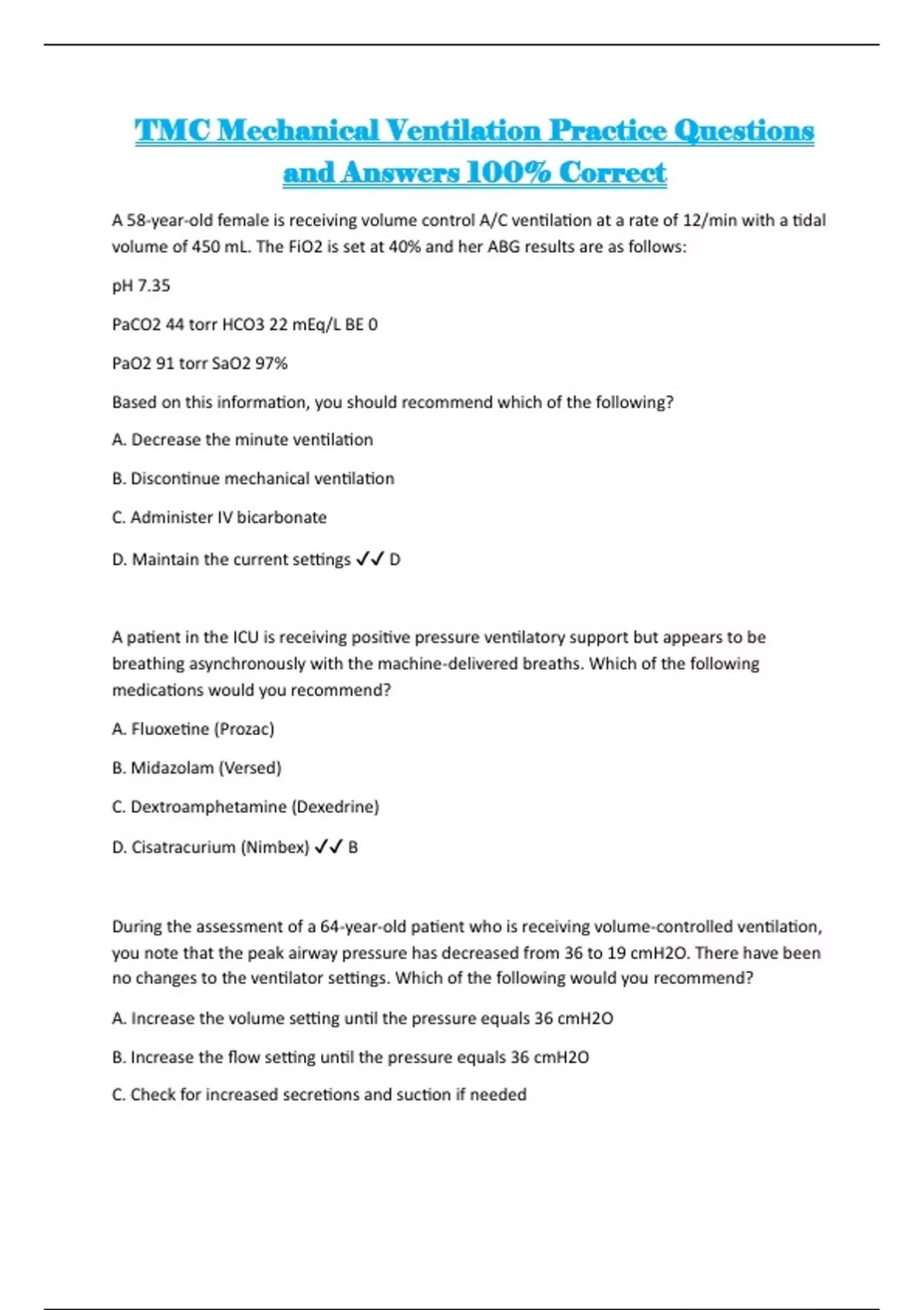 TMC Mechanical Ventilation Practice Questions and Answers 100% Correct ...