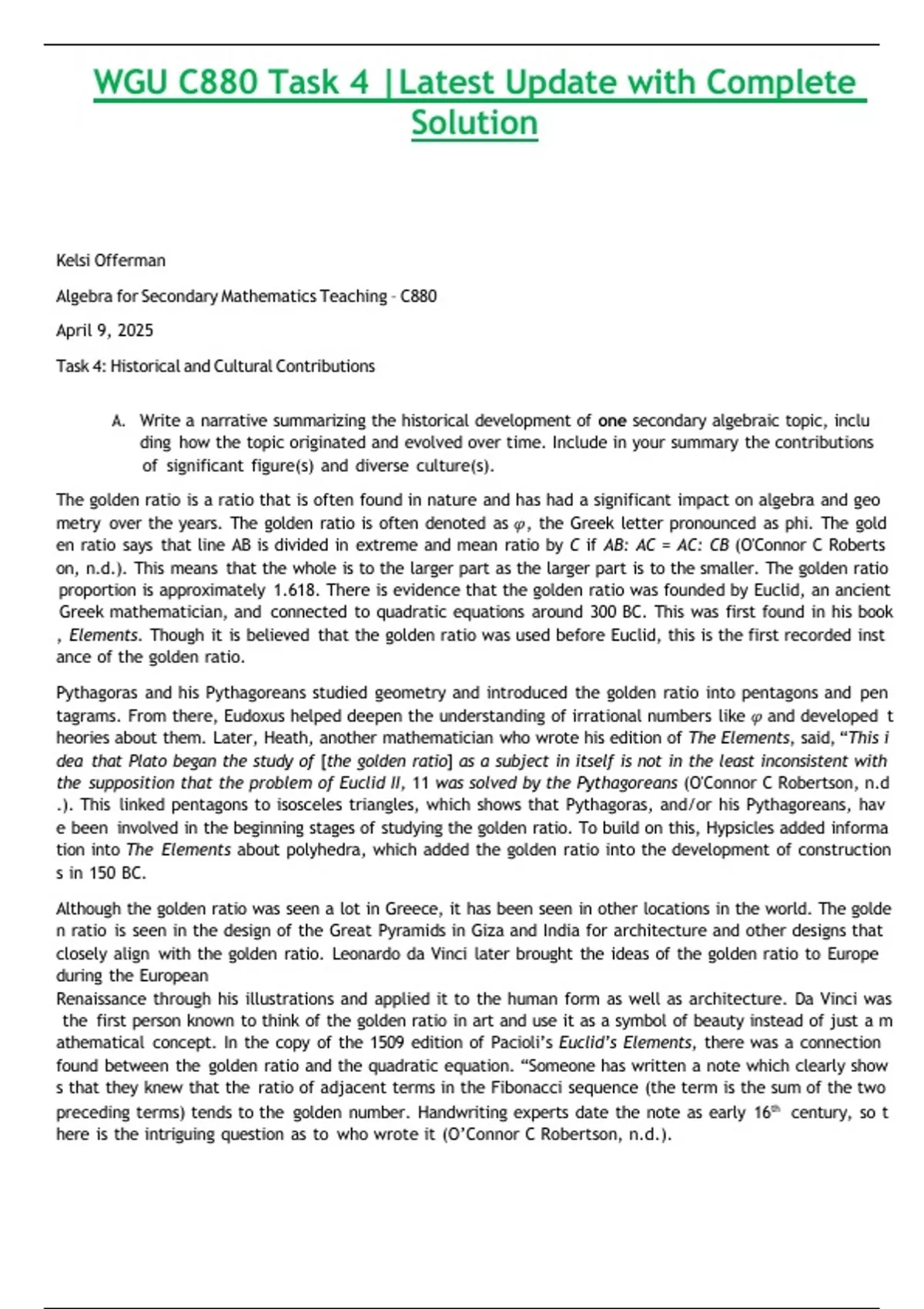 WGU C880 Task 4 |Latest Update with Complete Solution - C880 - Stuvia US