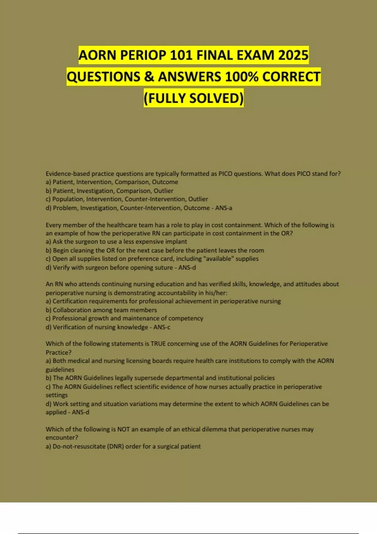 AORN PERIOP 101 FINAL EXAM 2025 QUESTIONS & ANSWERS 100- CORRECT (FULLY ...