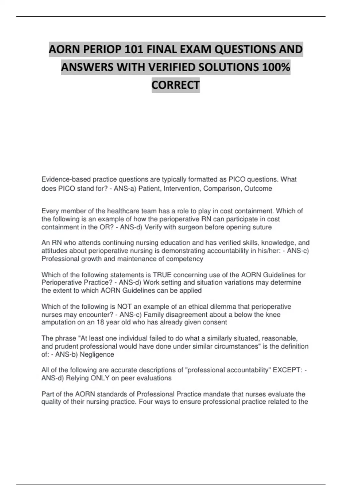 AORN PERIOP 101 FINAL EXAM QUESTIONS AND ANSWERS WITH VERIFIED ...