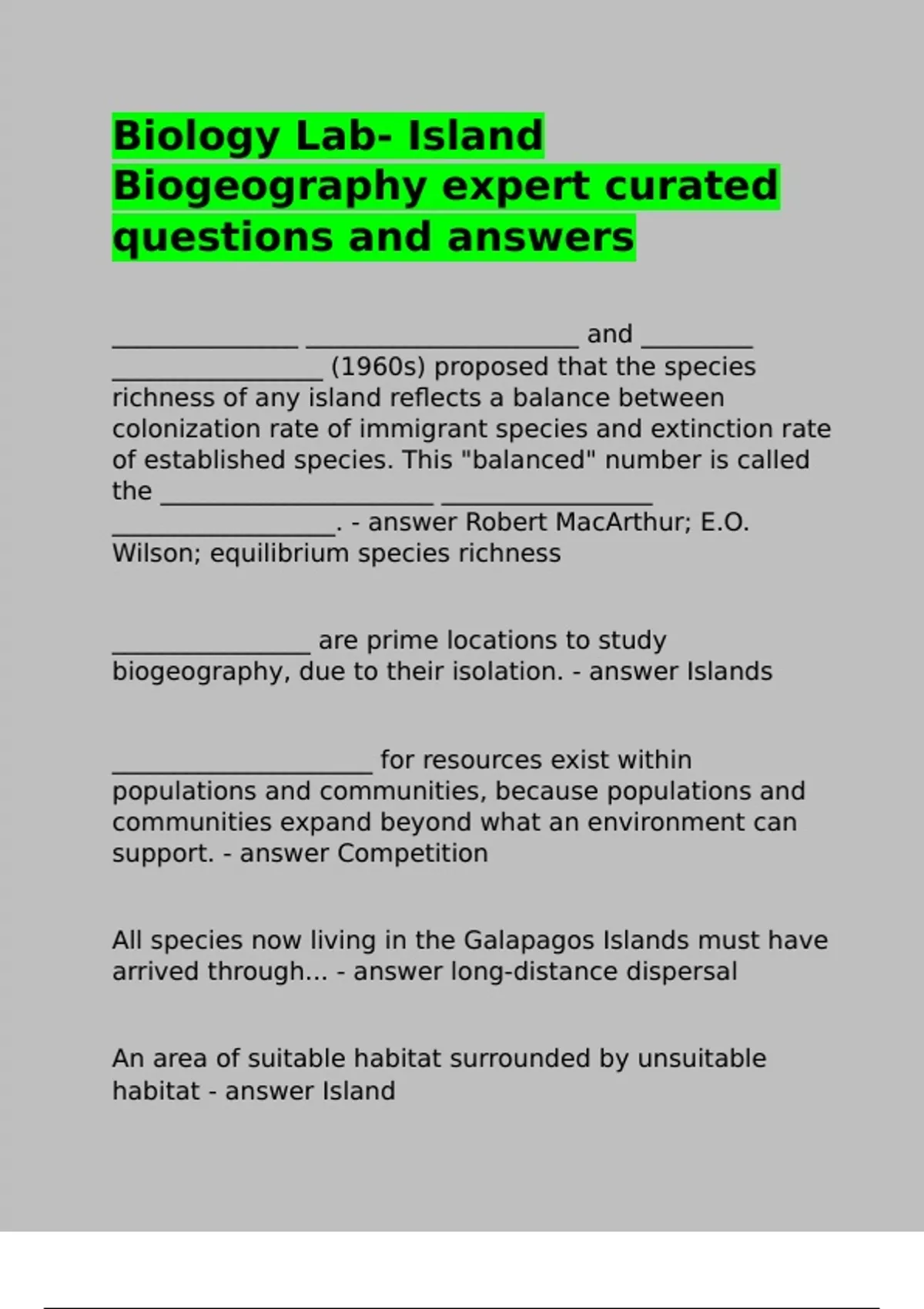 Biology Lab- Island Biogeography expert curated questions and answers ...