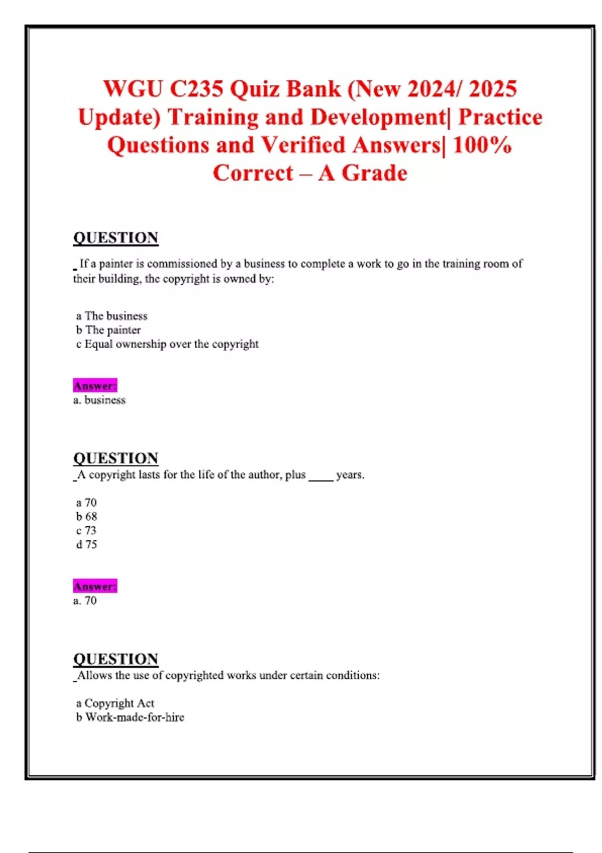 WGU C235 Quiz Bank Training and Development Practice Questions and ...