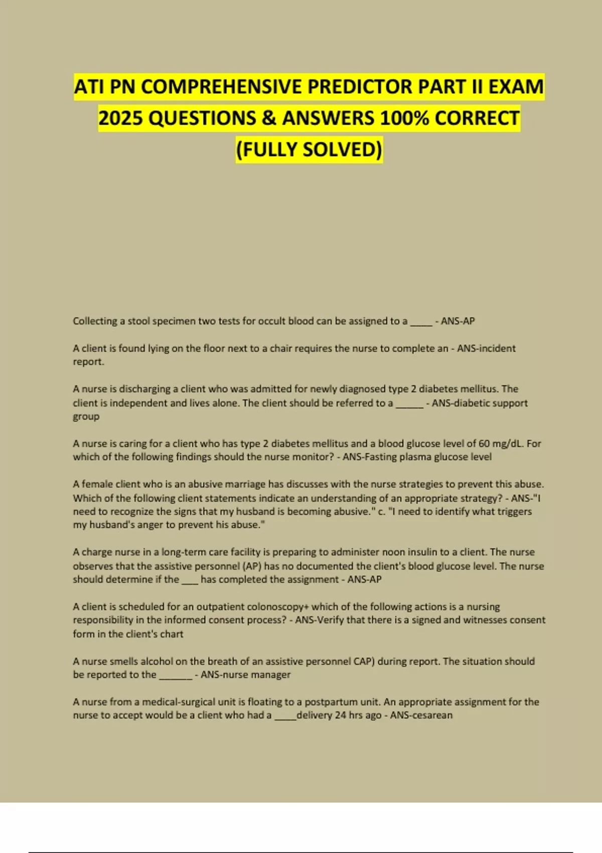 ATI PN COMPREHENSIVE PREDICTOR PART II EXAM 2025 QUESTIONS & ANSWERS ...