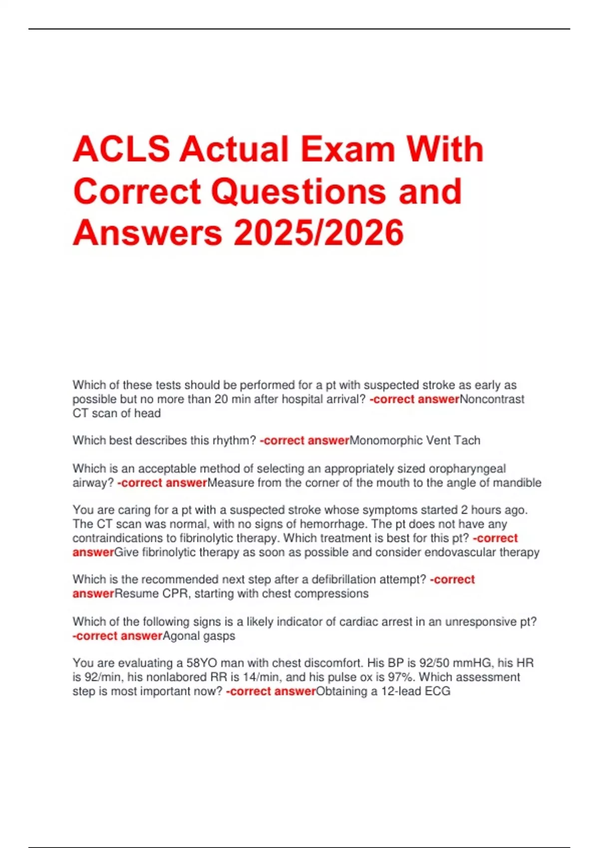 ACLS Actual Exam With Correct Questions and Answers 2025/2026 - ACLS ...
