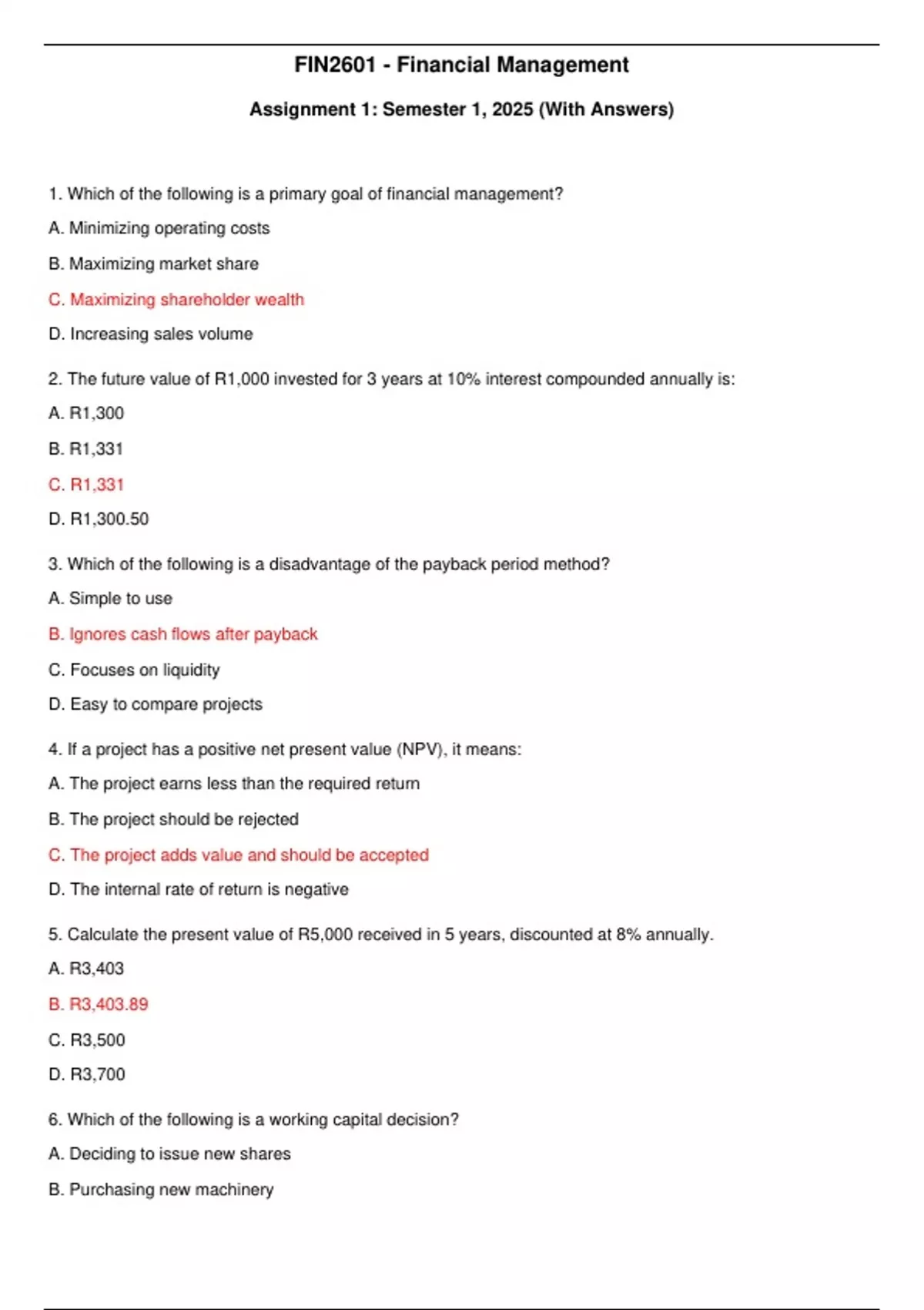 FIN2601 Assignment1 2025 questions and Answers - FIN2601 - Stuvia US