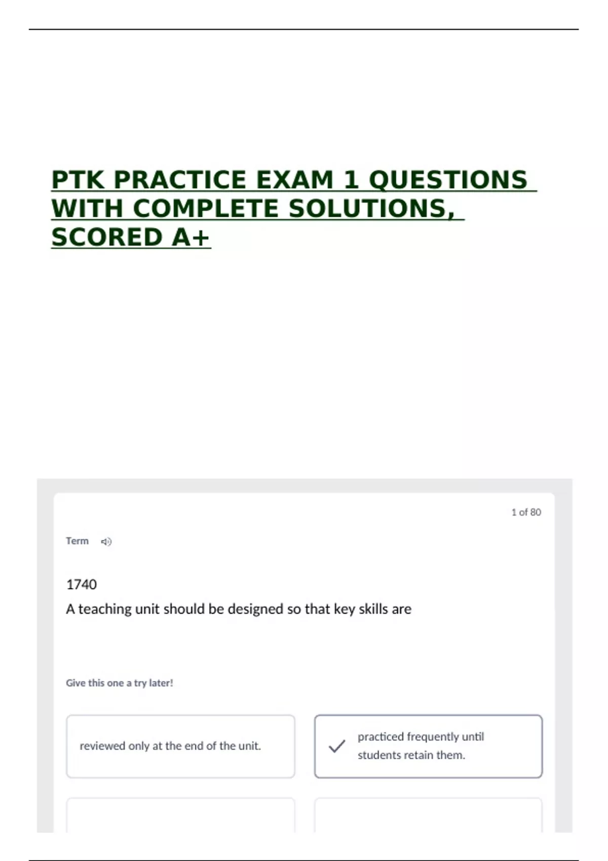PTK PRACTICE EXAM 1 QUESTIONS WITH COMPLETE SOLUTIONS, SCORED A+ - PTK ...