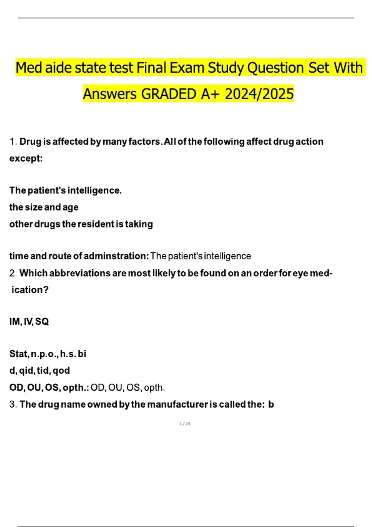 Med aide state test Final Exam Study Questions Set With Answers GRADED ...