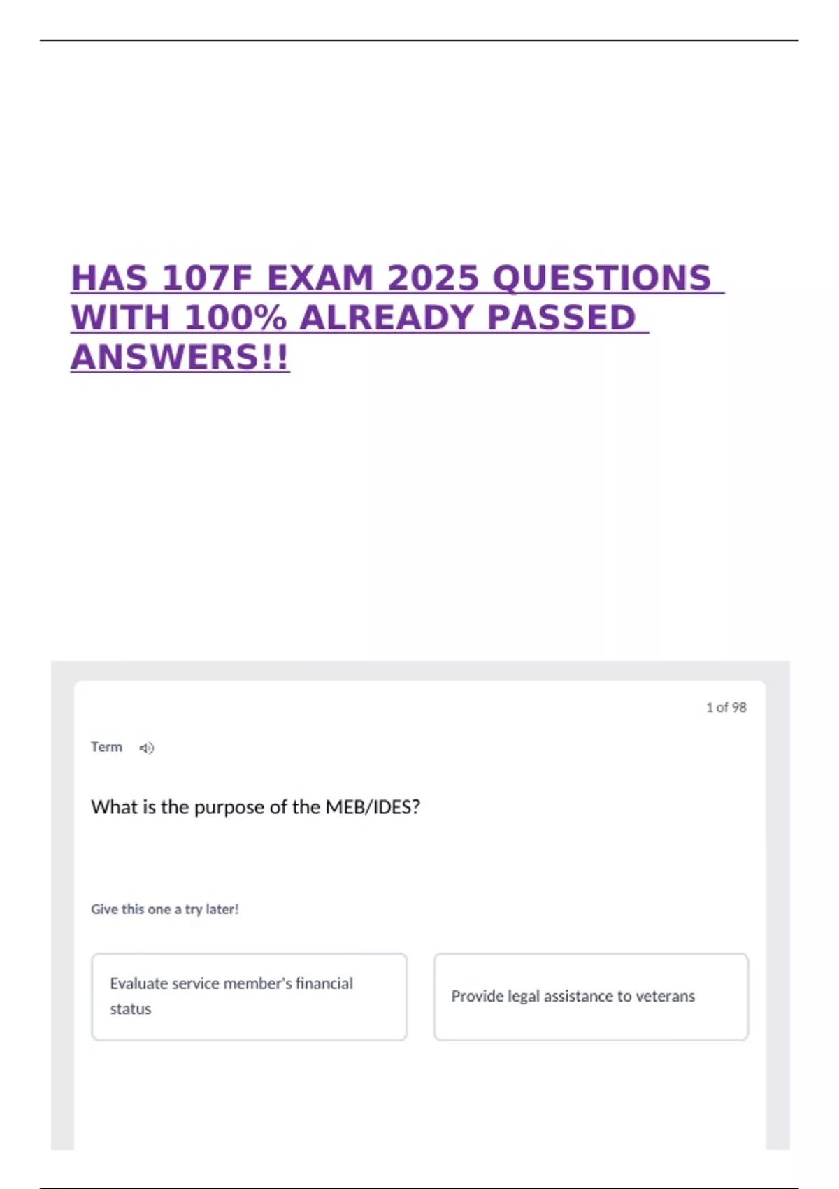 HAS 107F EXAM 2025 QUESTIONS WITH 100% ALREADY PASSED ANSWERS!! - HAS ...