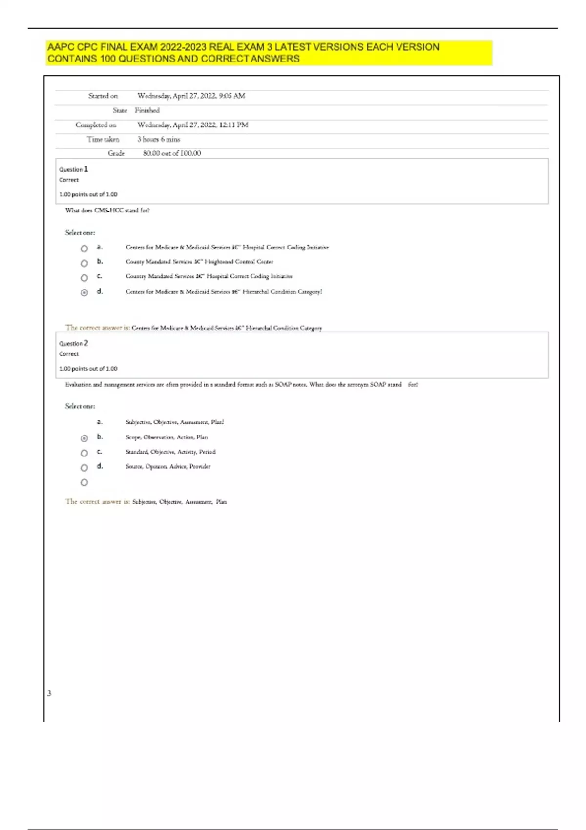 AAPC CPC FINAL EXAM REAL EXAM 3 LATEST VERSIONS EACH VERSION CONTAINS ...