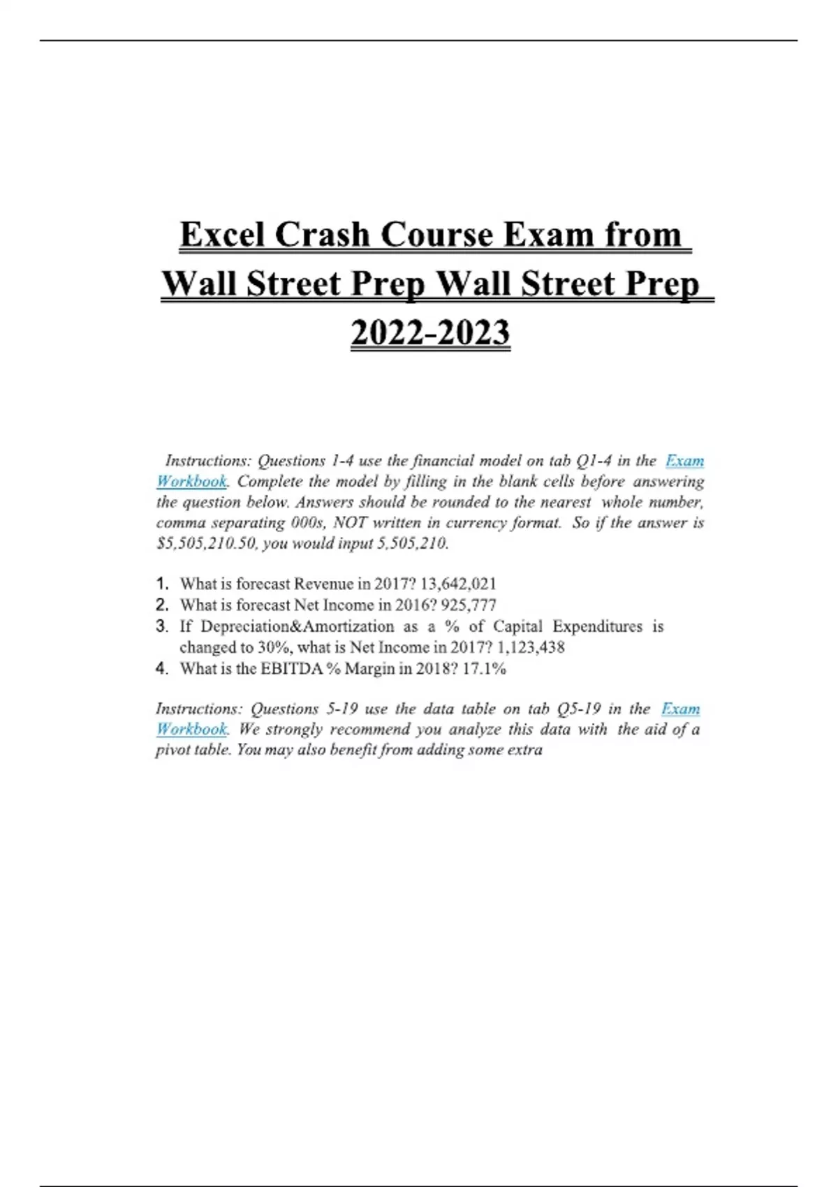 Excel Crash Course Exam from Wall Street Prep - Wall Street Prep ...
