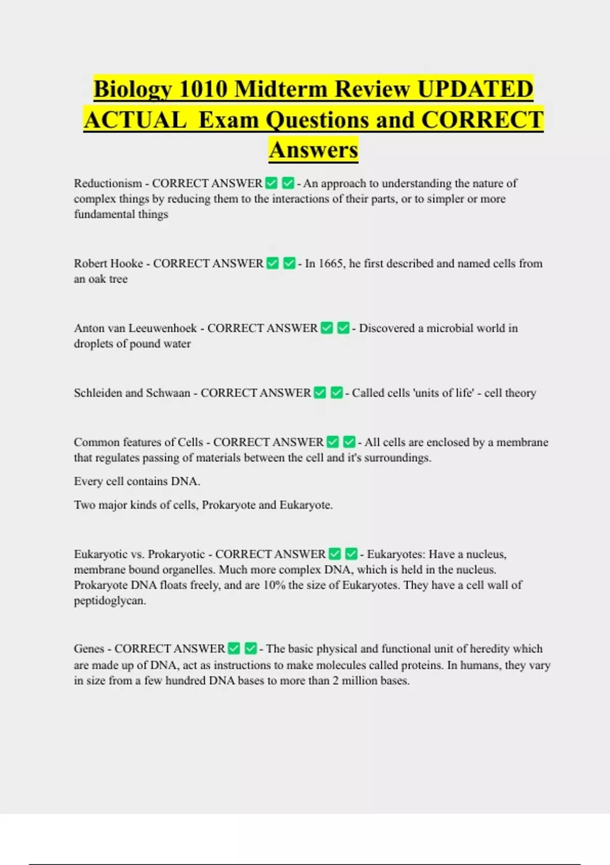 Biology 1010 Midterm Review UPDATED ACTUAL Exam Questions and CORRECT ...
