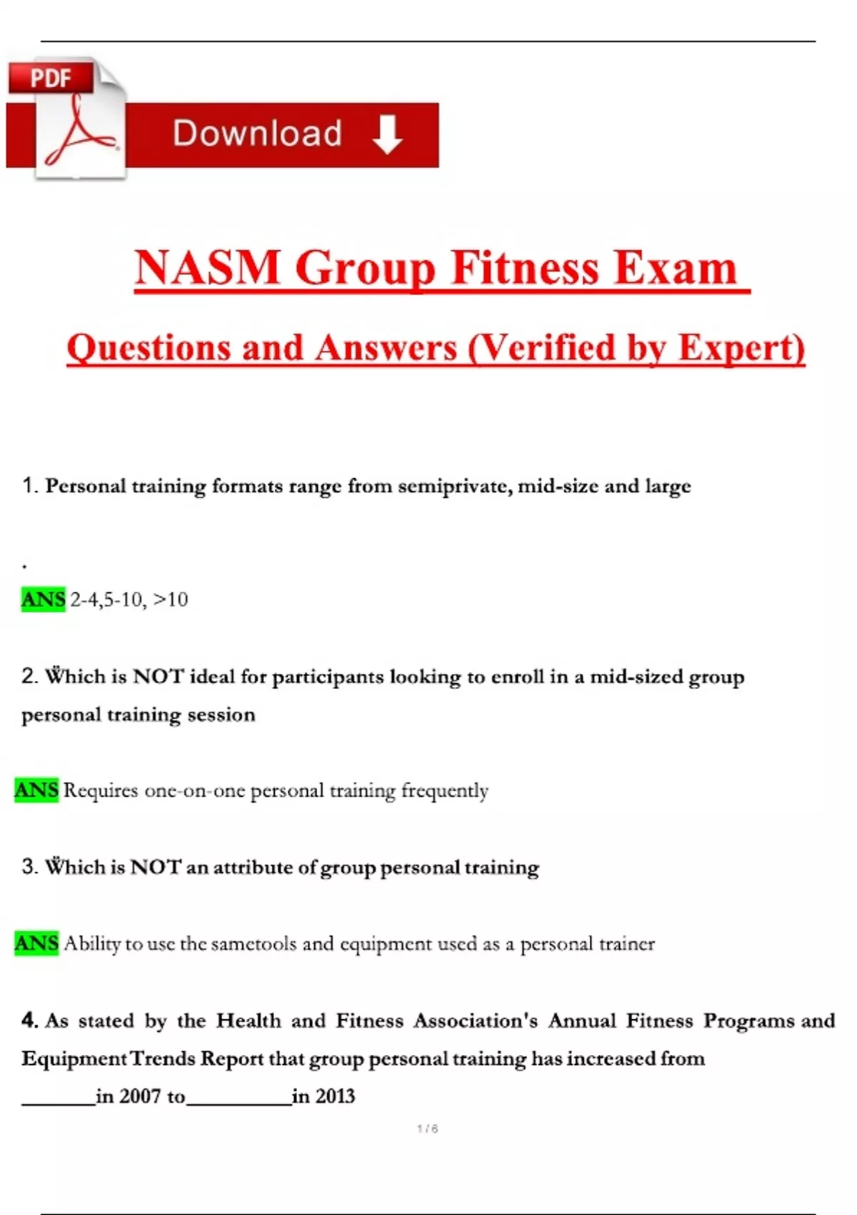 NASM Group Fitness Exam (Latest 2025 / 2026) Qs and Ans with ...