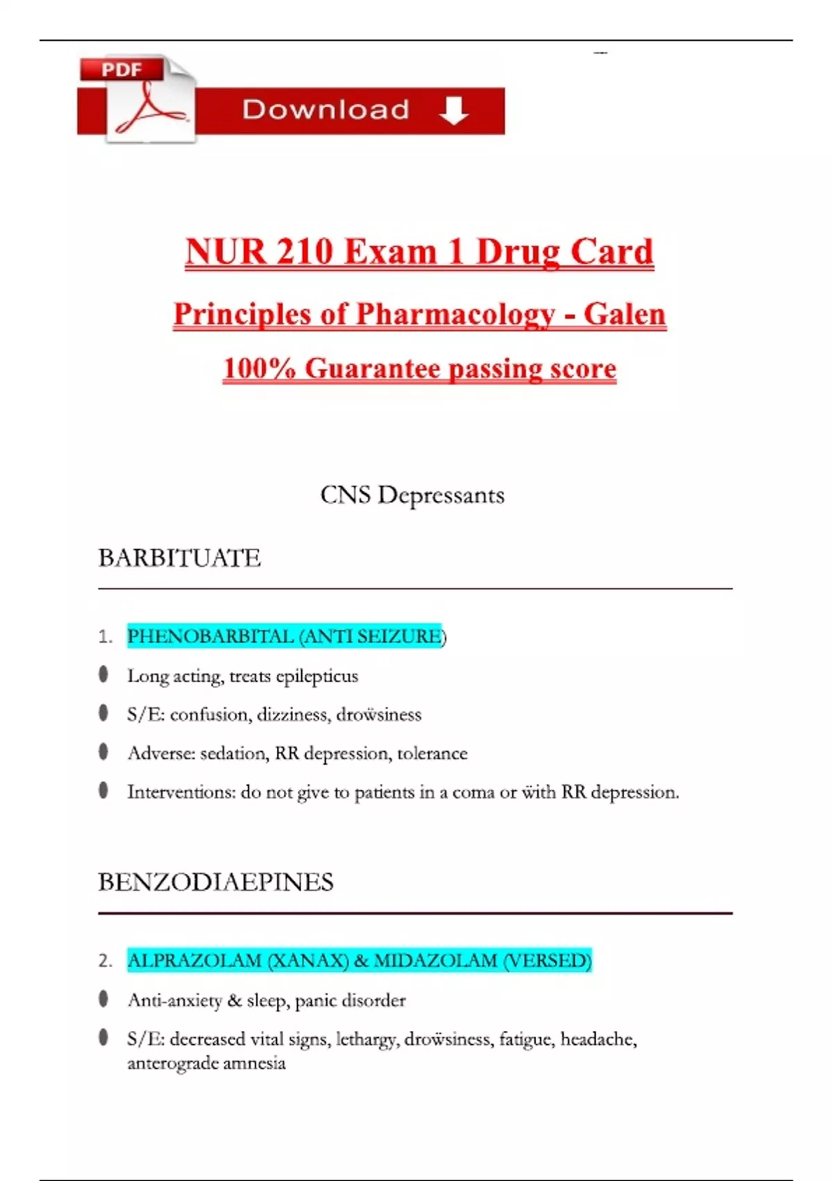 NUR 210 Exam 1 Drug Card Principles of Pharmacology - Galen (Latest ...