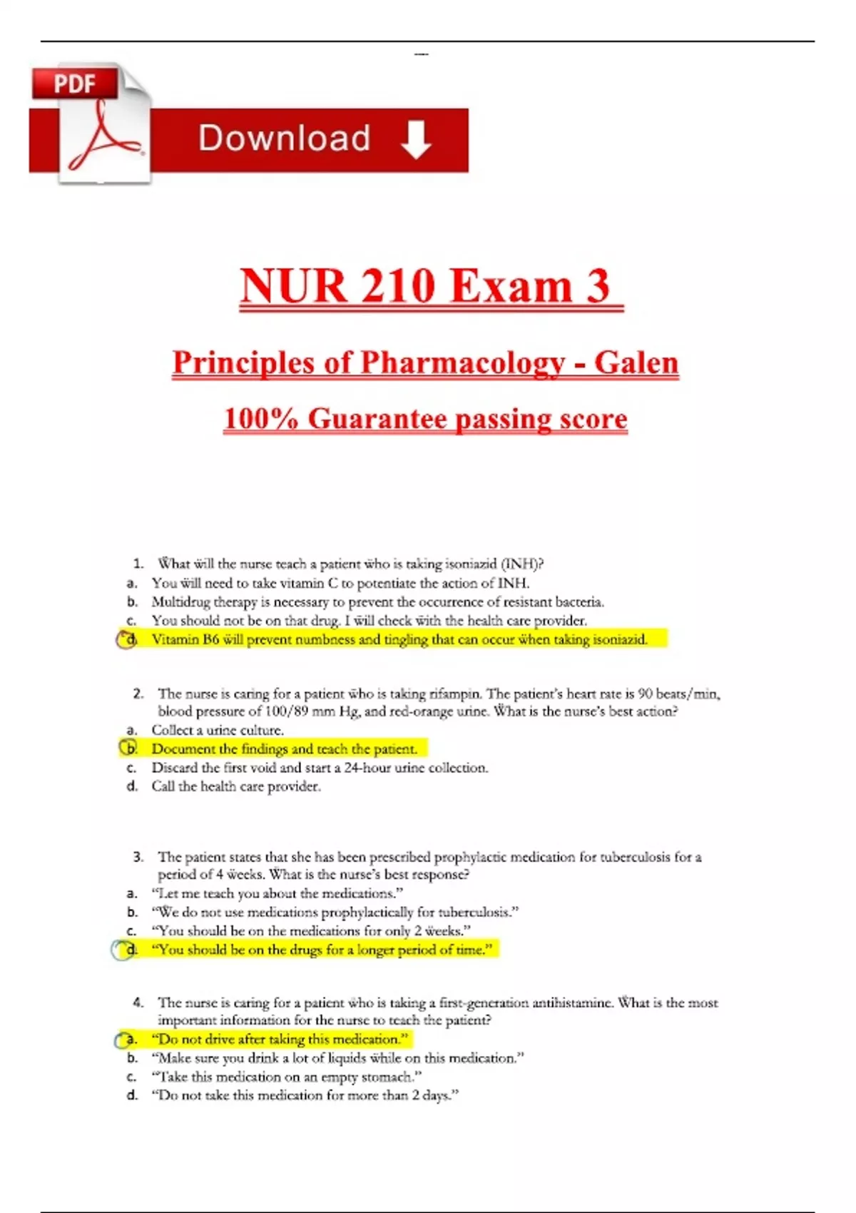 NUR 210 Exam 3 Principles of Pharmacology - Galen (Latest 2025 / 2026 ...