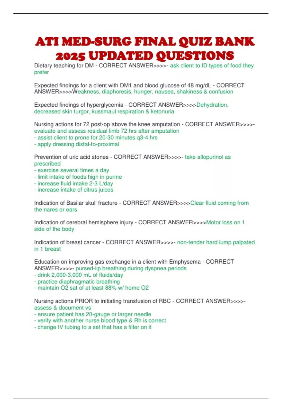 ATI MED-SURG FINAL QUIZ BANK 2025 UPDATED QUESTIONS - ATI MED-SURG Q- BANK 2025 - Stuvia US