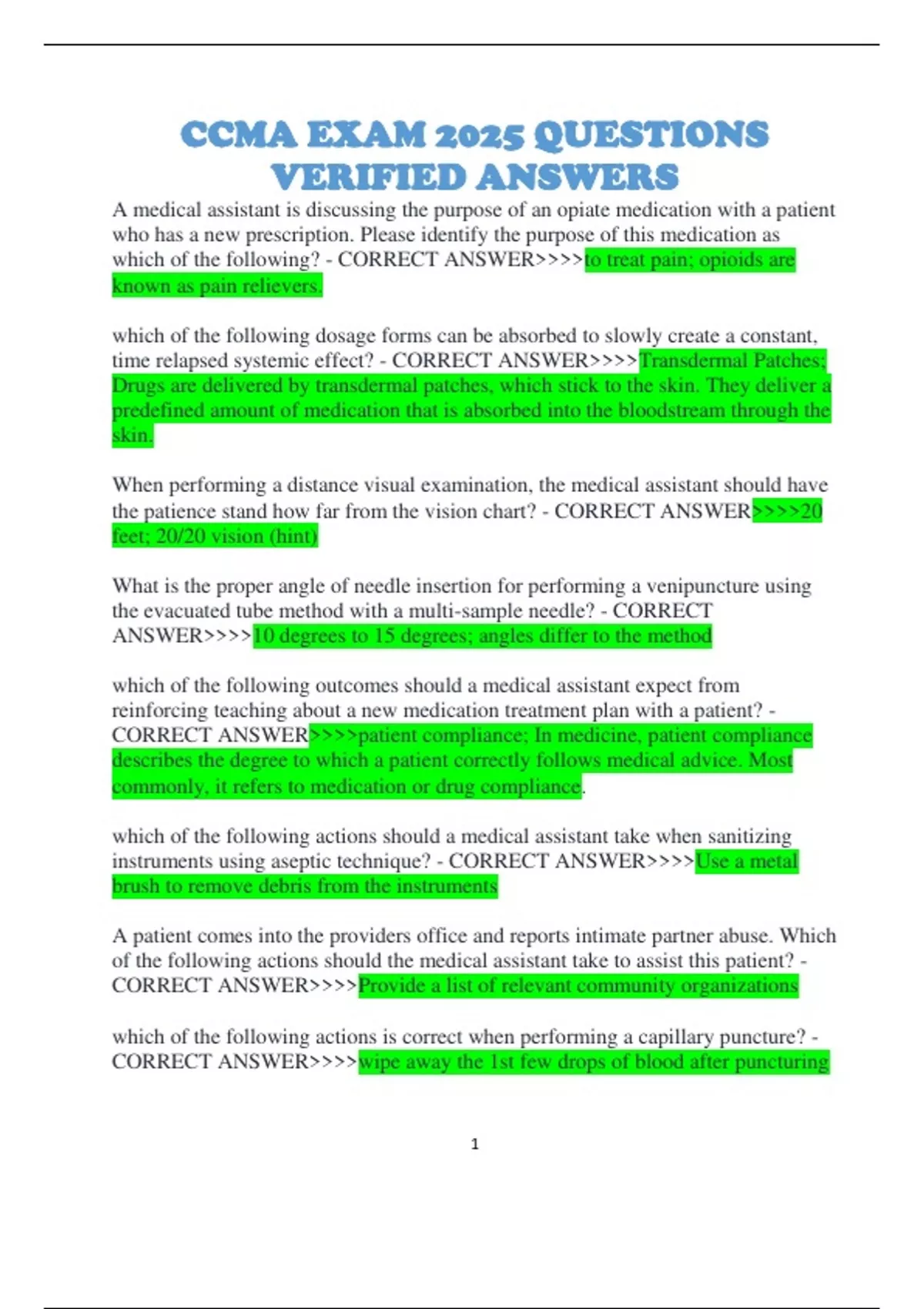 CCMA EXAM 2025 QUESTIONS VERIFIED ANSWERS - CCMA 2025 - Stuvia US