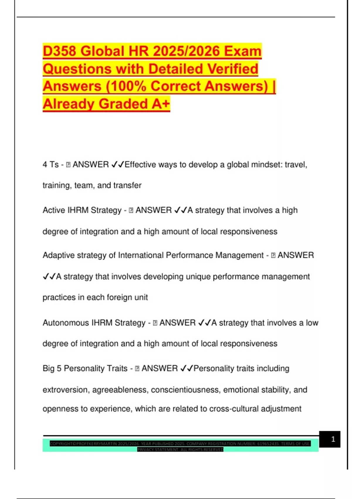D358 Global HR 2025/2026 Exam Questions with Detailed Verified Answers ...