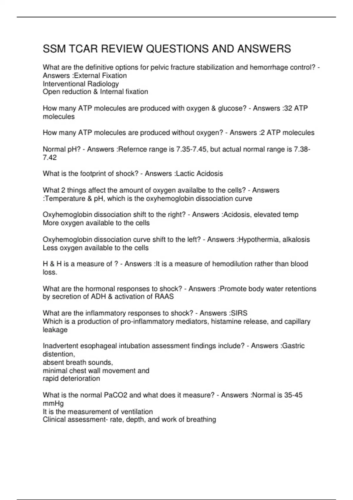 SSM TCAR REVIEW QUESTIONS AND ANSWERS - SSM TCAR - Stuvia US