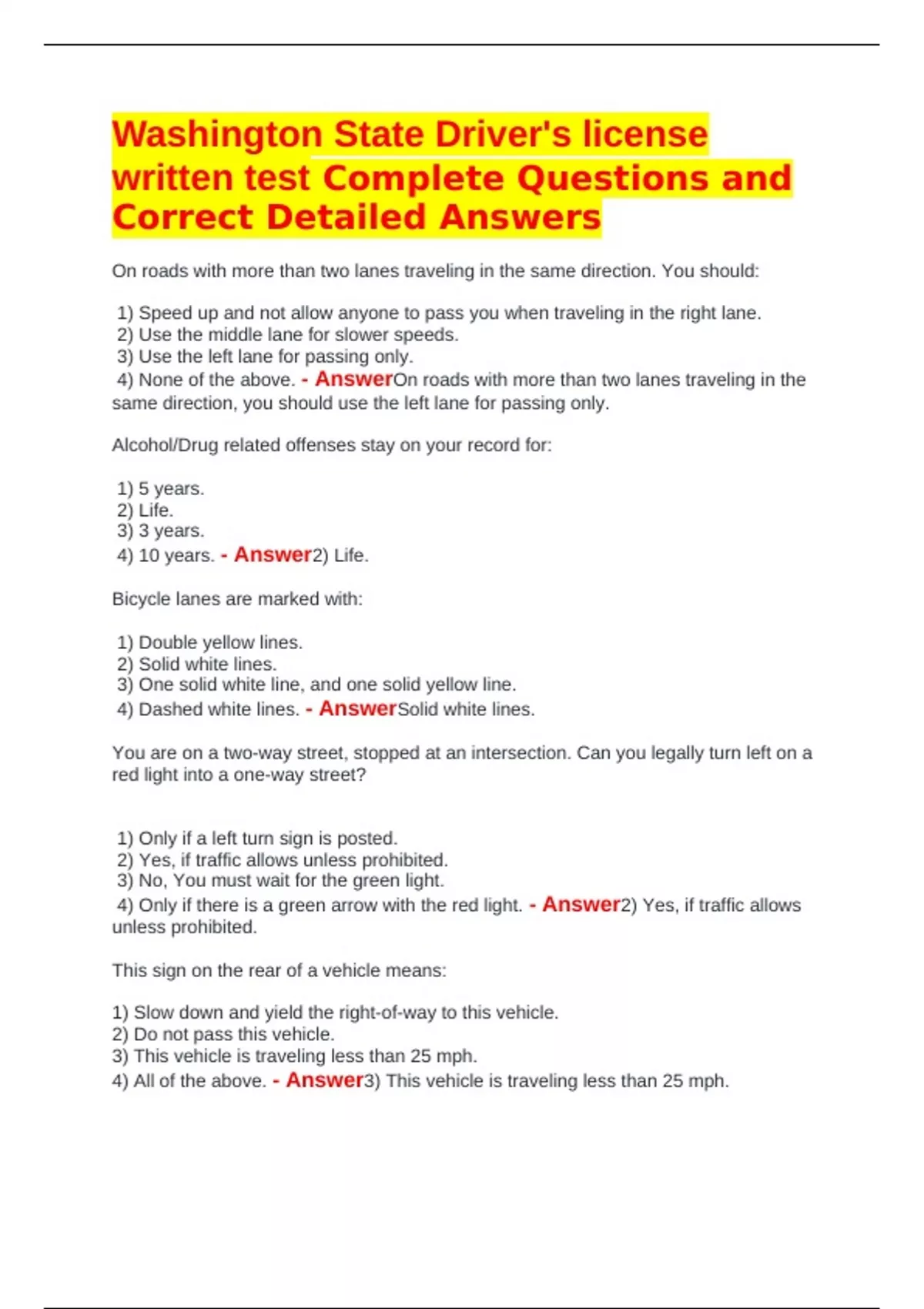 Washington State Driver's license written test Complete Questions and ...