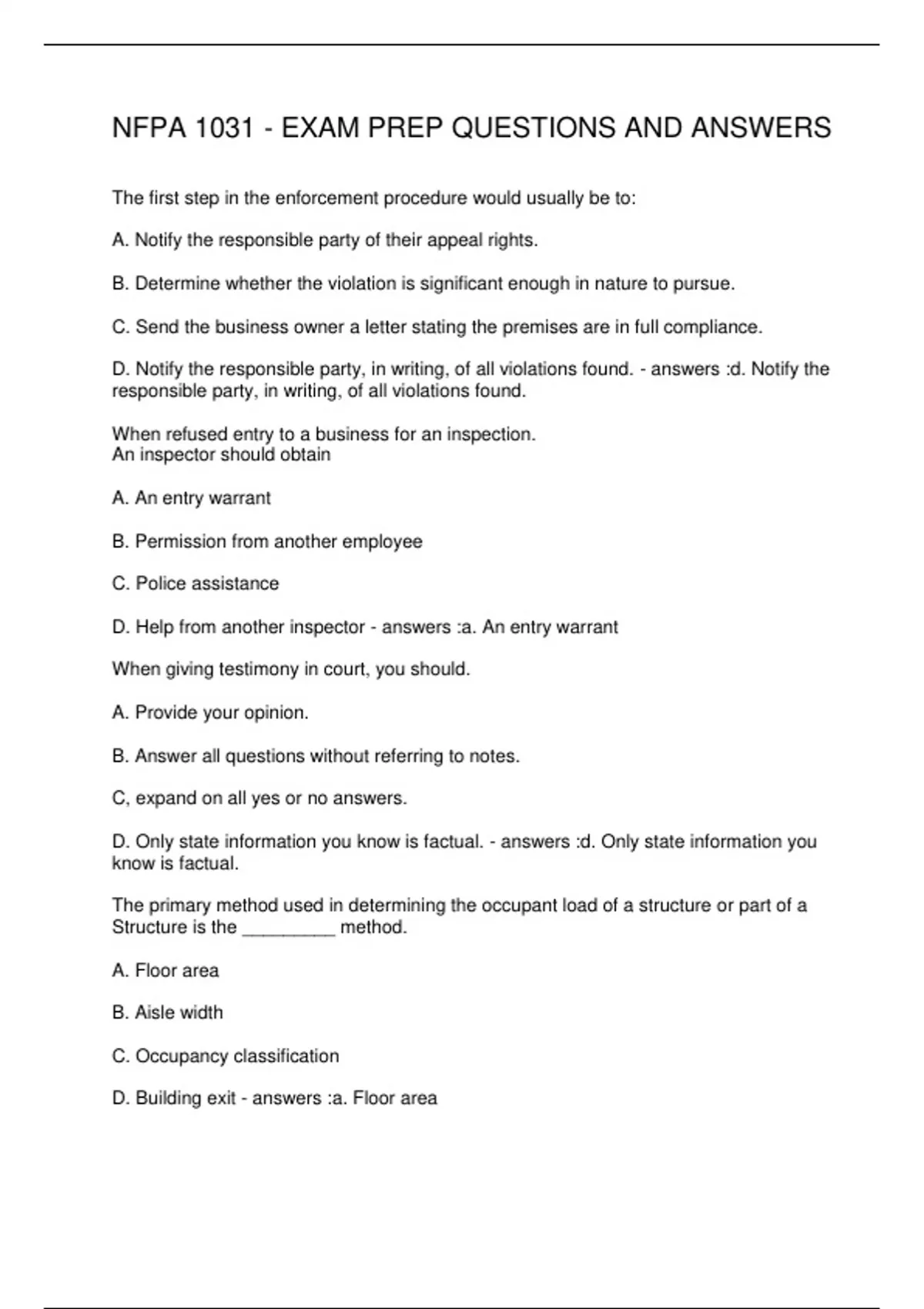 NFPA 1031 - EXAM PREP QUESTIONS AND ANSWERS - NFPA 1031 - Stuvia US