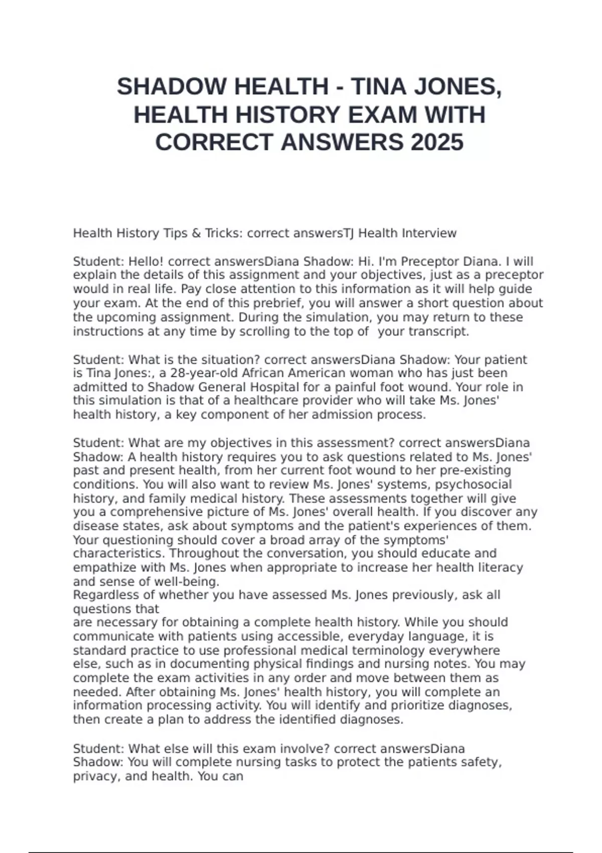 SHADOW HEALTH - TINA JONES, HEALTH HISTORY EXAM WITH CORRECT ANSWERS ...