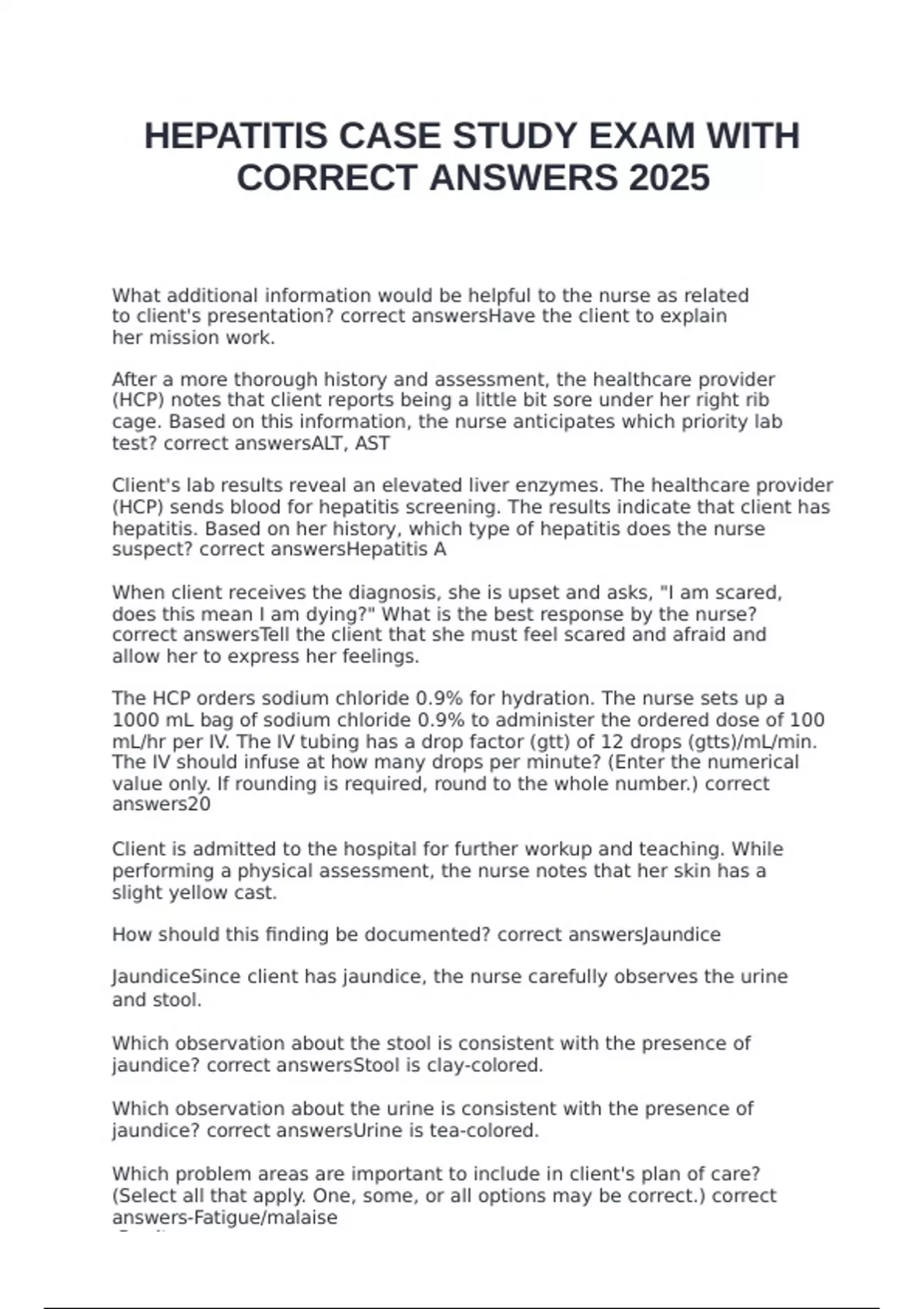 HEPATITIS CASE STUDY EXAM WITH CORRECT ANSWERS 2025 - HEPATITIS CASE ...