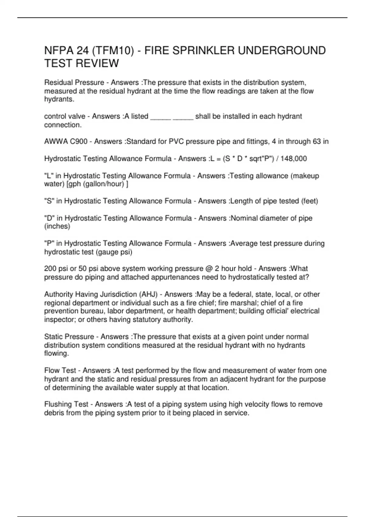 NFPA 24 (TFM10) - FIRE SPRINKLER UNDERGROUND TEST REVIEW - NFPA 24 ...