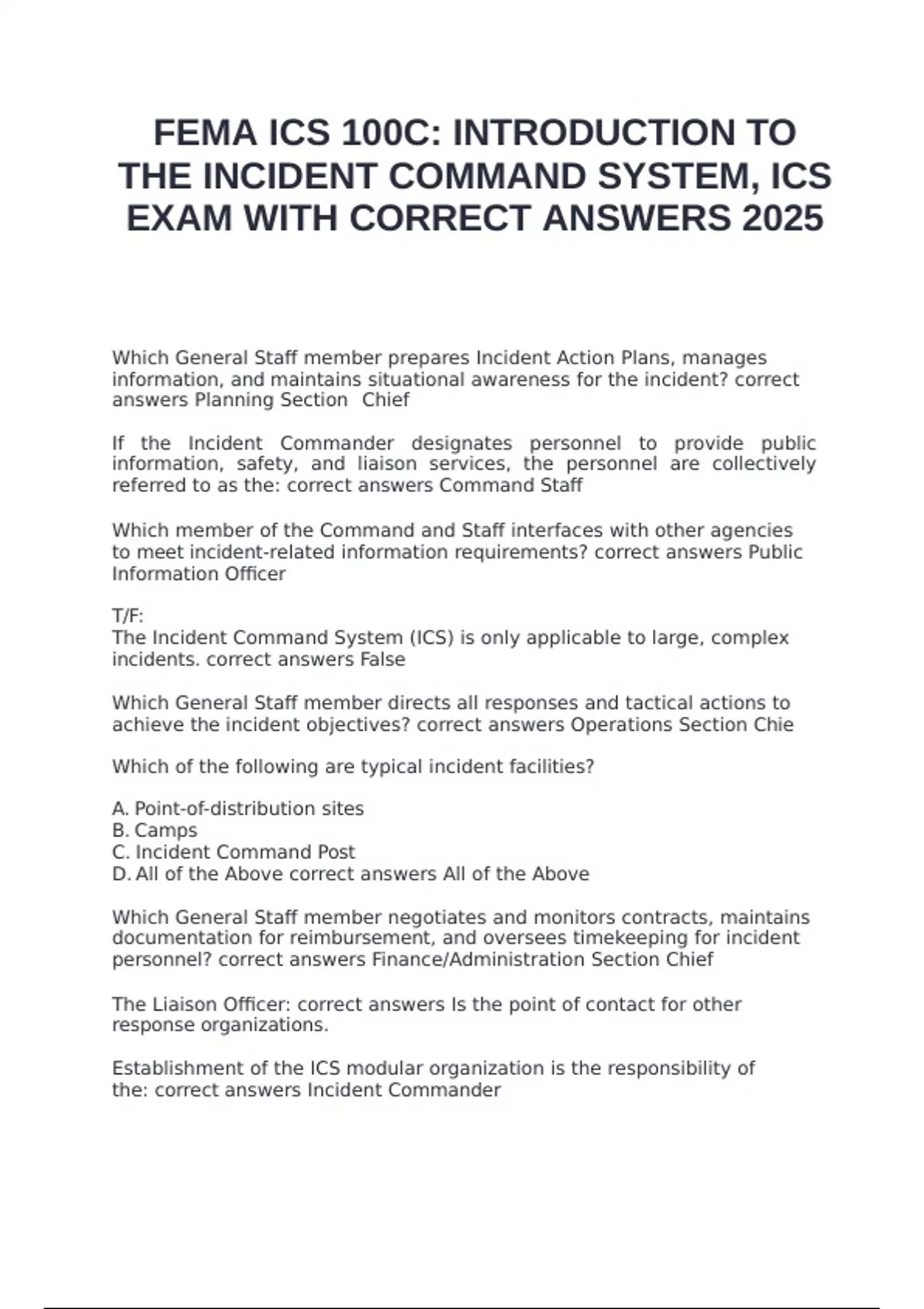 FEMA ICS 100C: INTRODUCTION TO THE INCIDENT COMMAND SYSTEM, ICS EXAM ...