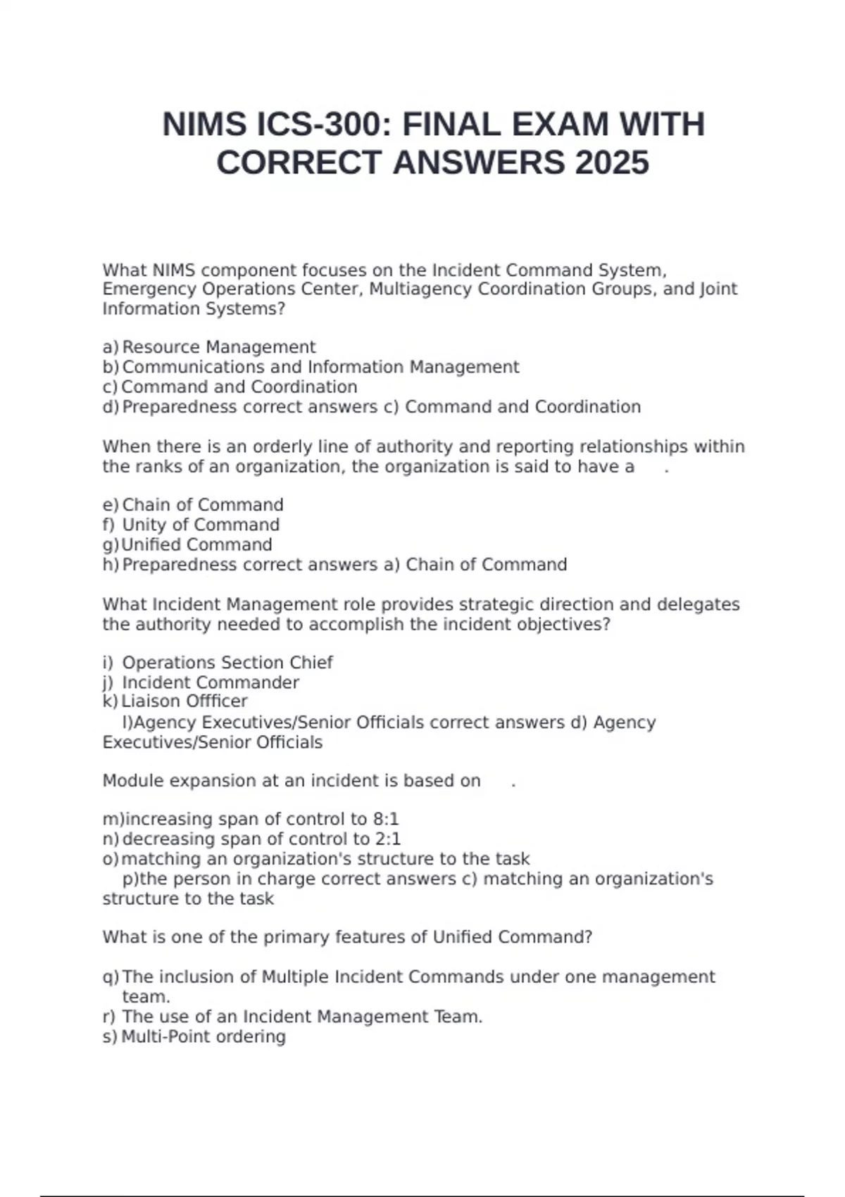 NIMS ICS-300: FINAL EXAM WITH CORRECT ANSWERS 2025 - NIMS ICS-300: Fina - Stuvia US