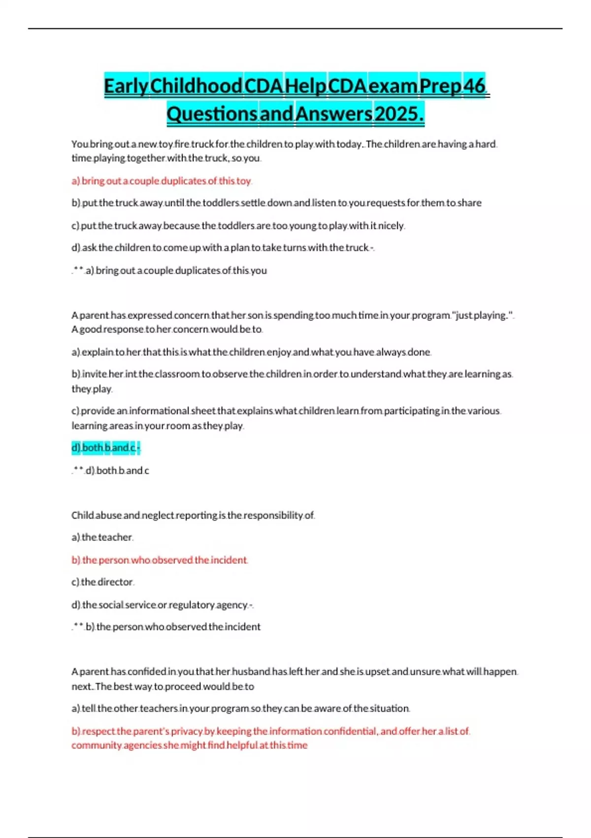 Early Childhood CDA Help CDA exam Prep 46 Questions and Answers 2025 ...