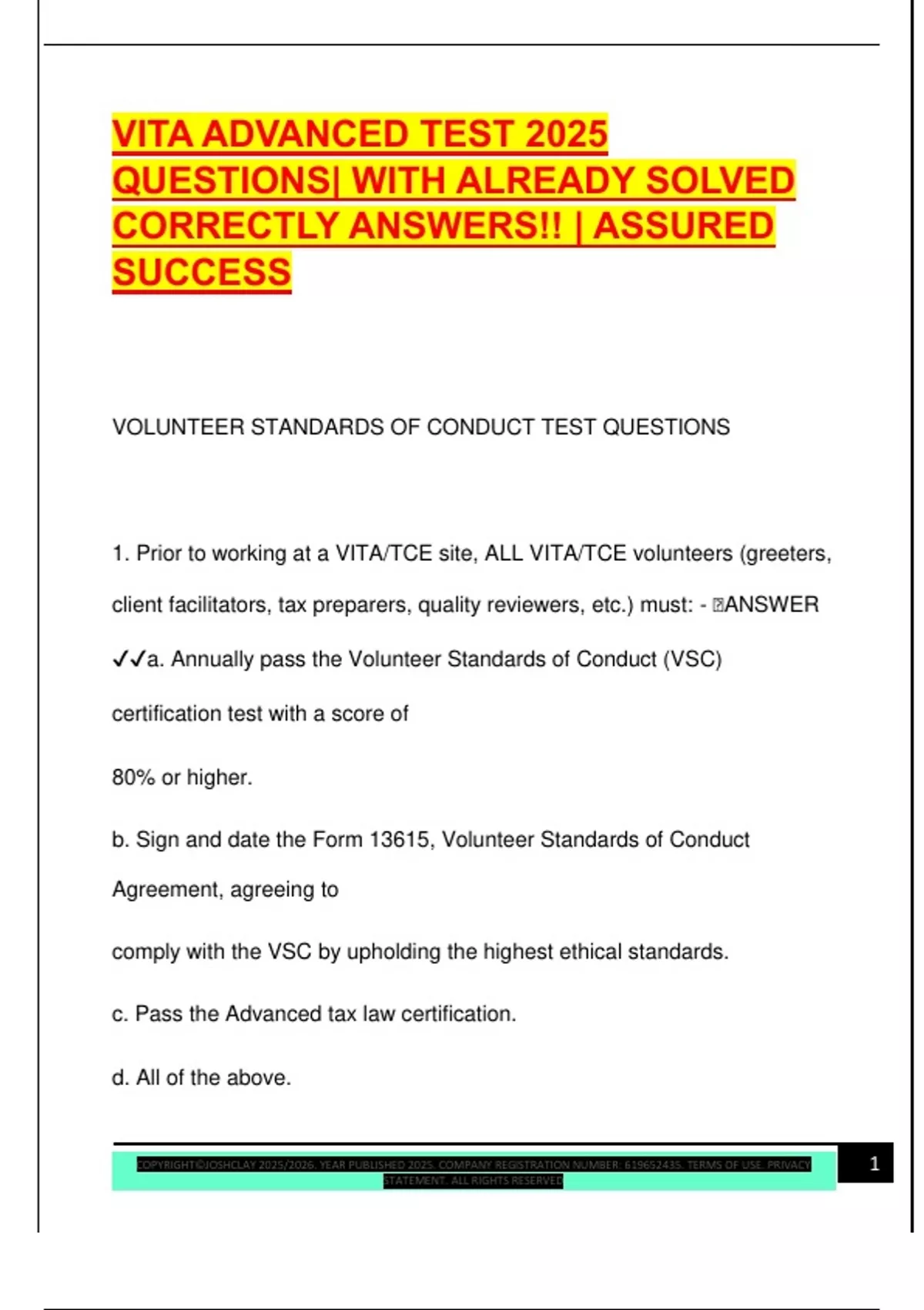 VITA ADVANCED TEST 2025 QUESTIONS| WITH ALREADY SOLVED CORRECTLY ...