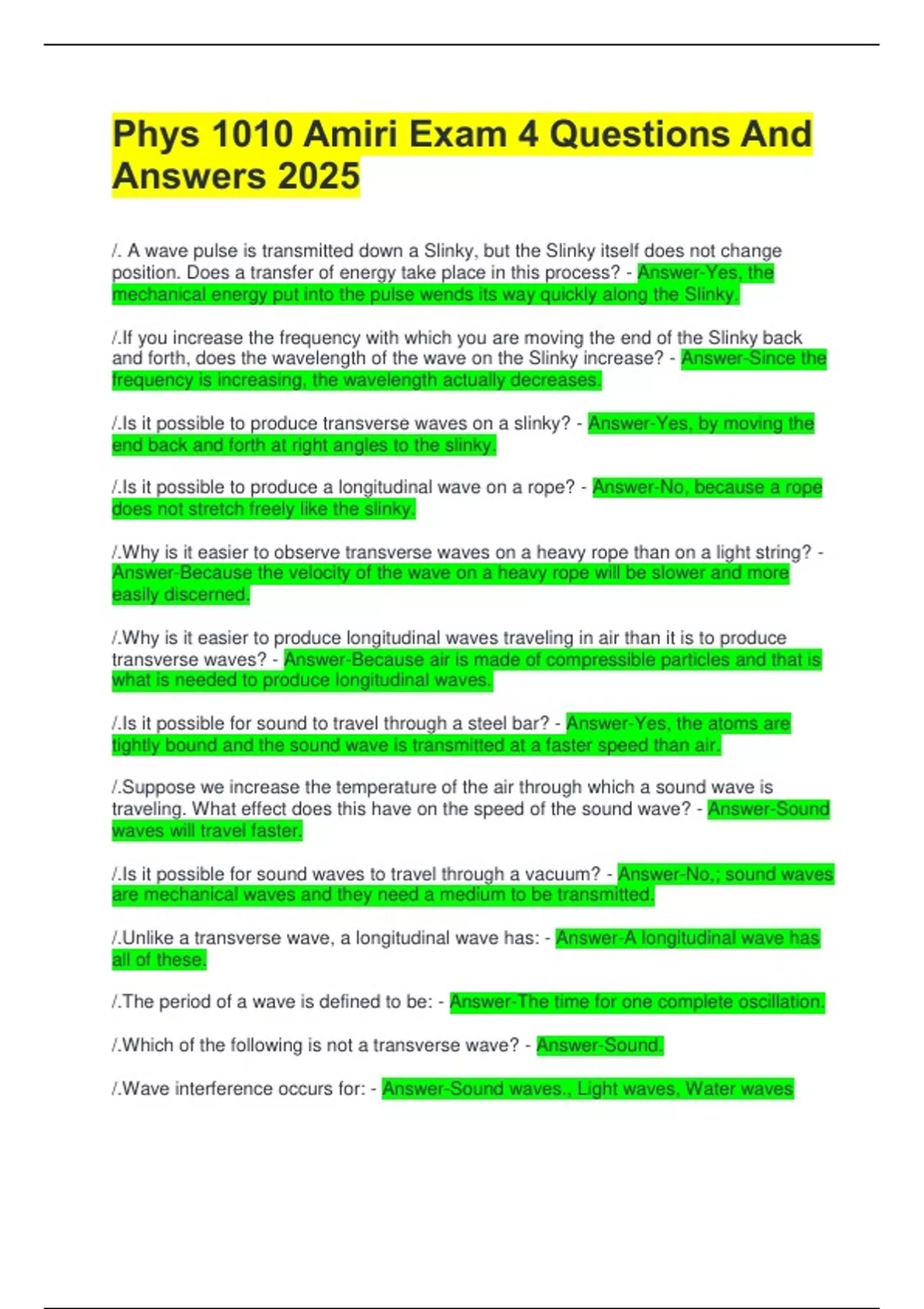 Phys 1010 Amiri Exam 4 Questions And Answers 2025 - Phys 1010 Amiri - Stuvia US