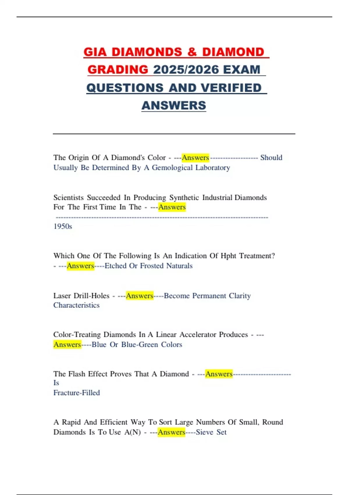 GIA DIAMONDS & DIAMOND GRADING 2025/2026 EXAM QUESTIONS AND VERIFIED ...